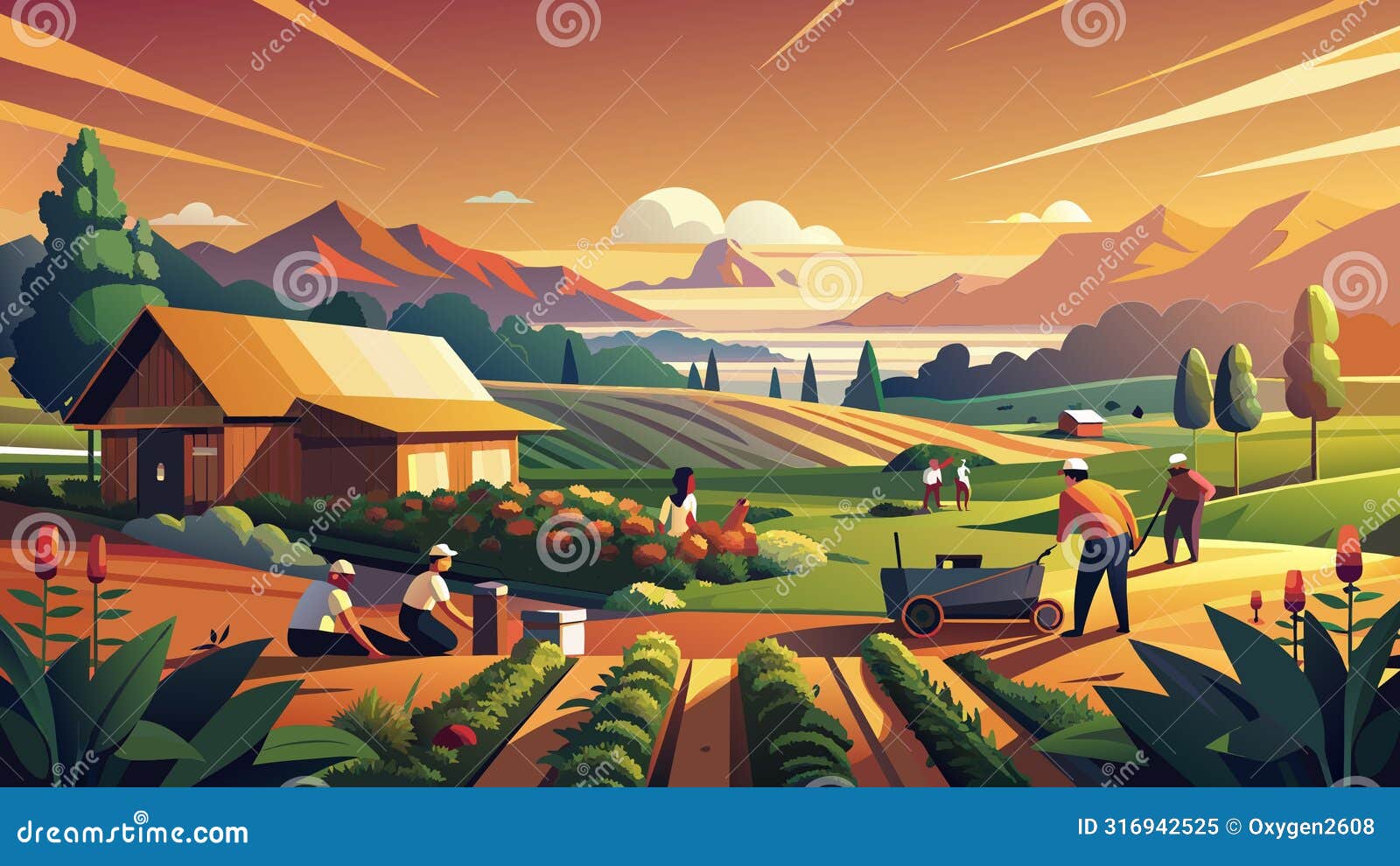 Rustic Farmhouse Sunset Landscape with Workers and Fields Stock Image ...