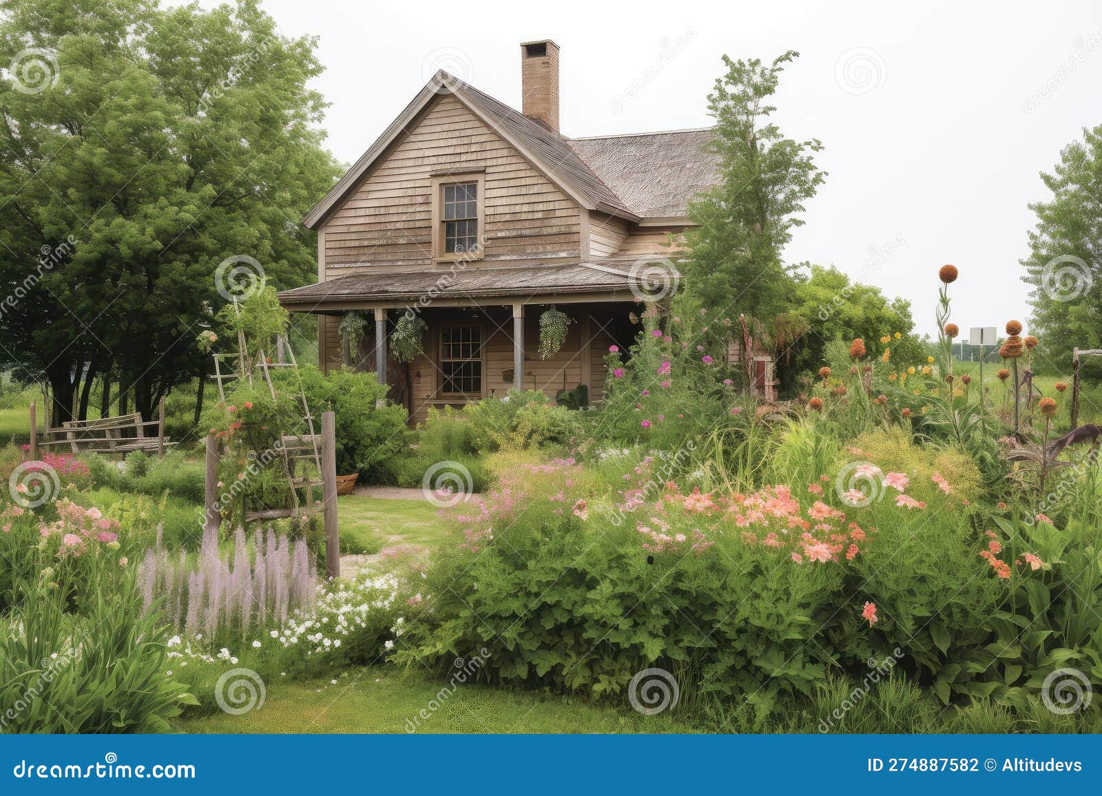 Rustic Farmhouse Surrounded by Blooming Flowers and Greenery Stock ...