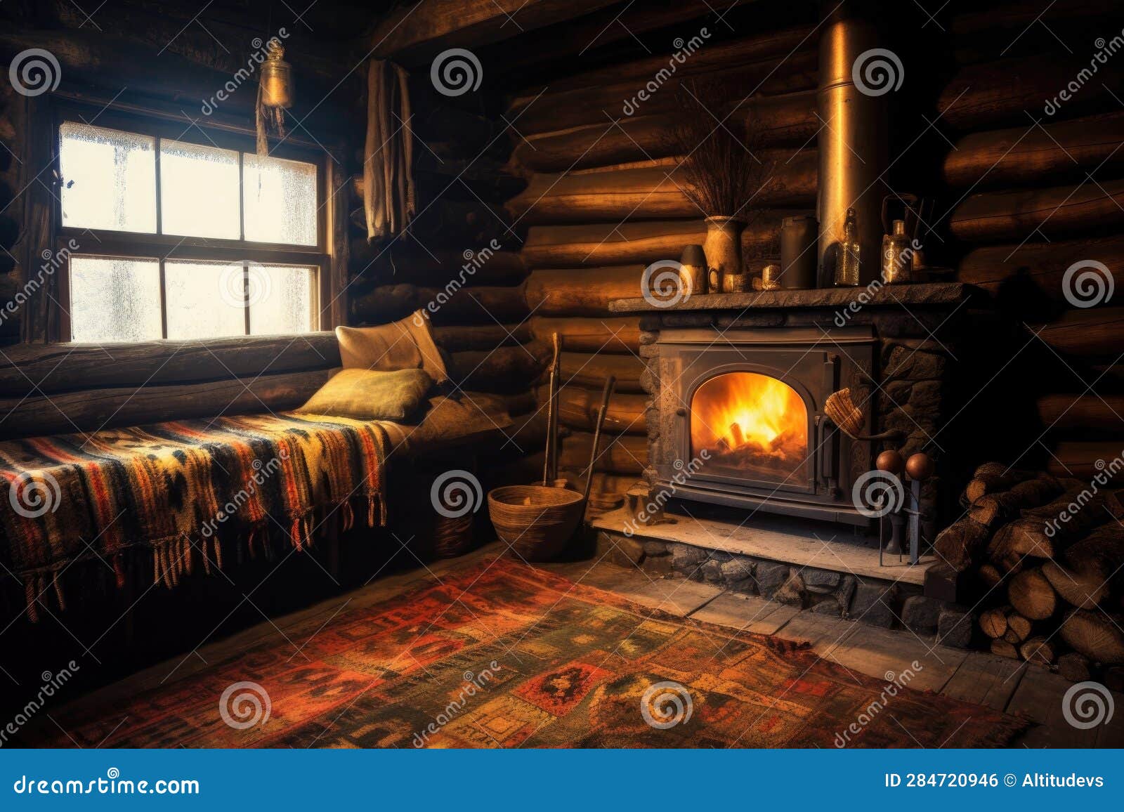 Rustic Fireplace in a Log Cabin with Warm Blankets Stock Photo - Image ...