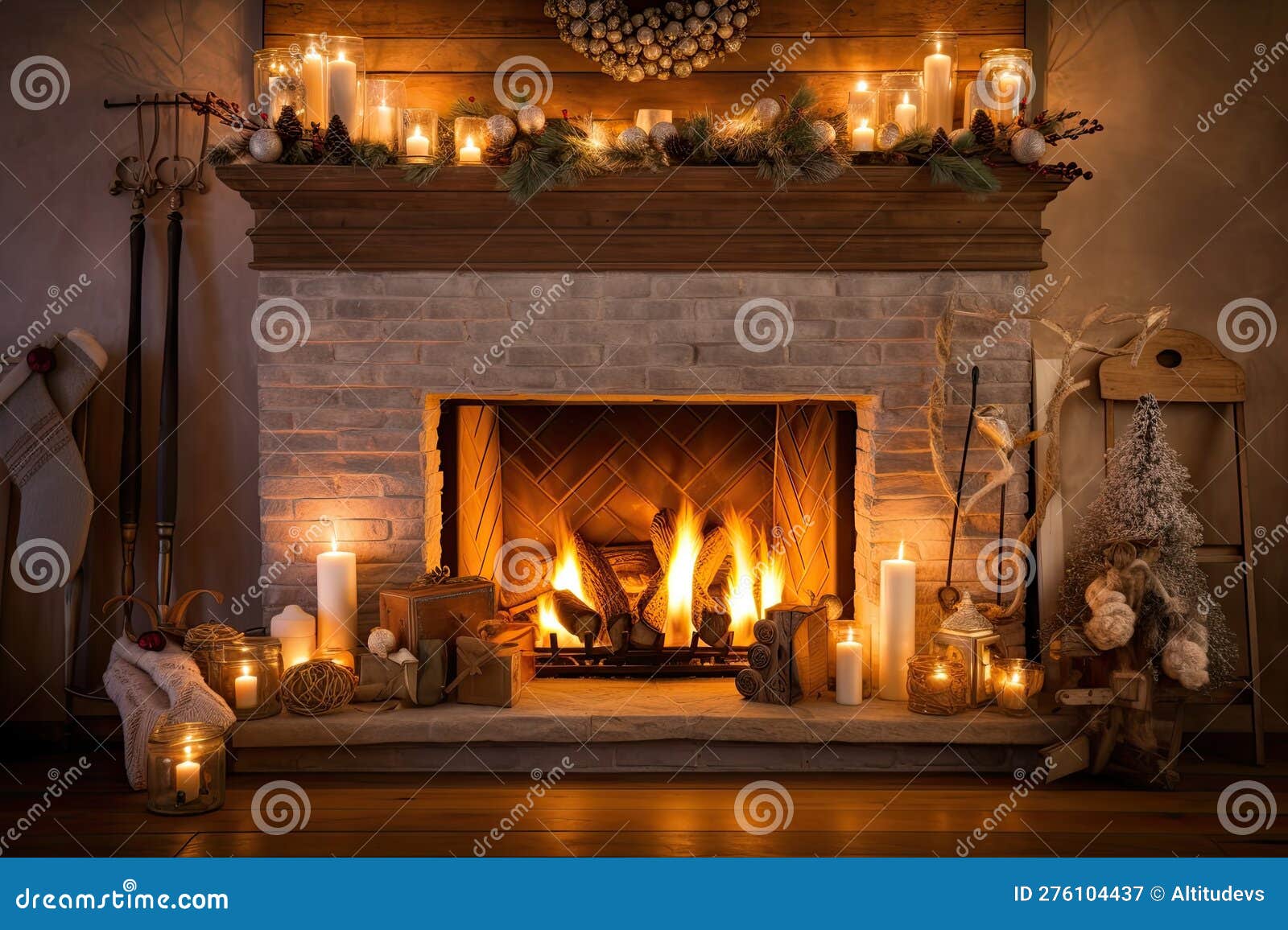 A Rustic Fireplace with a Warm Fire and Twinkling Lights, Surrounded by ...