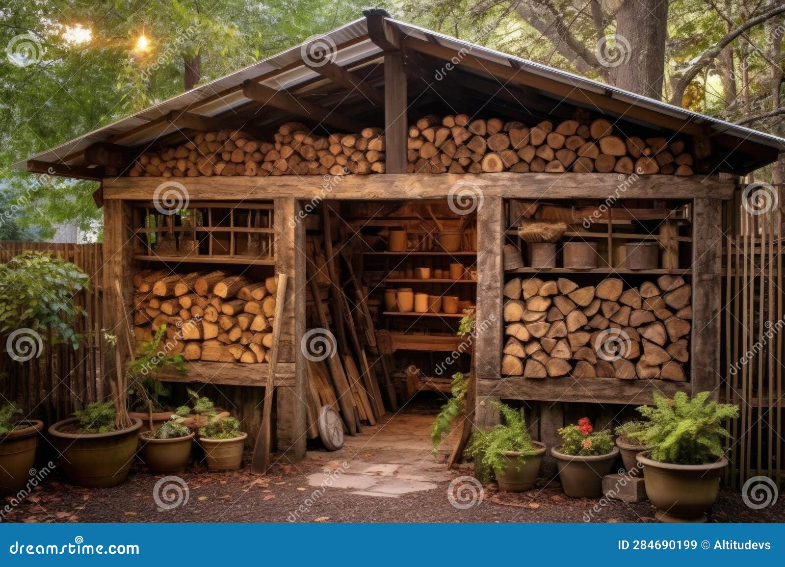 Rustic Firewood Storage Shed with Stacked Logs Stock Image - Image of ...