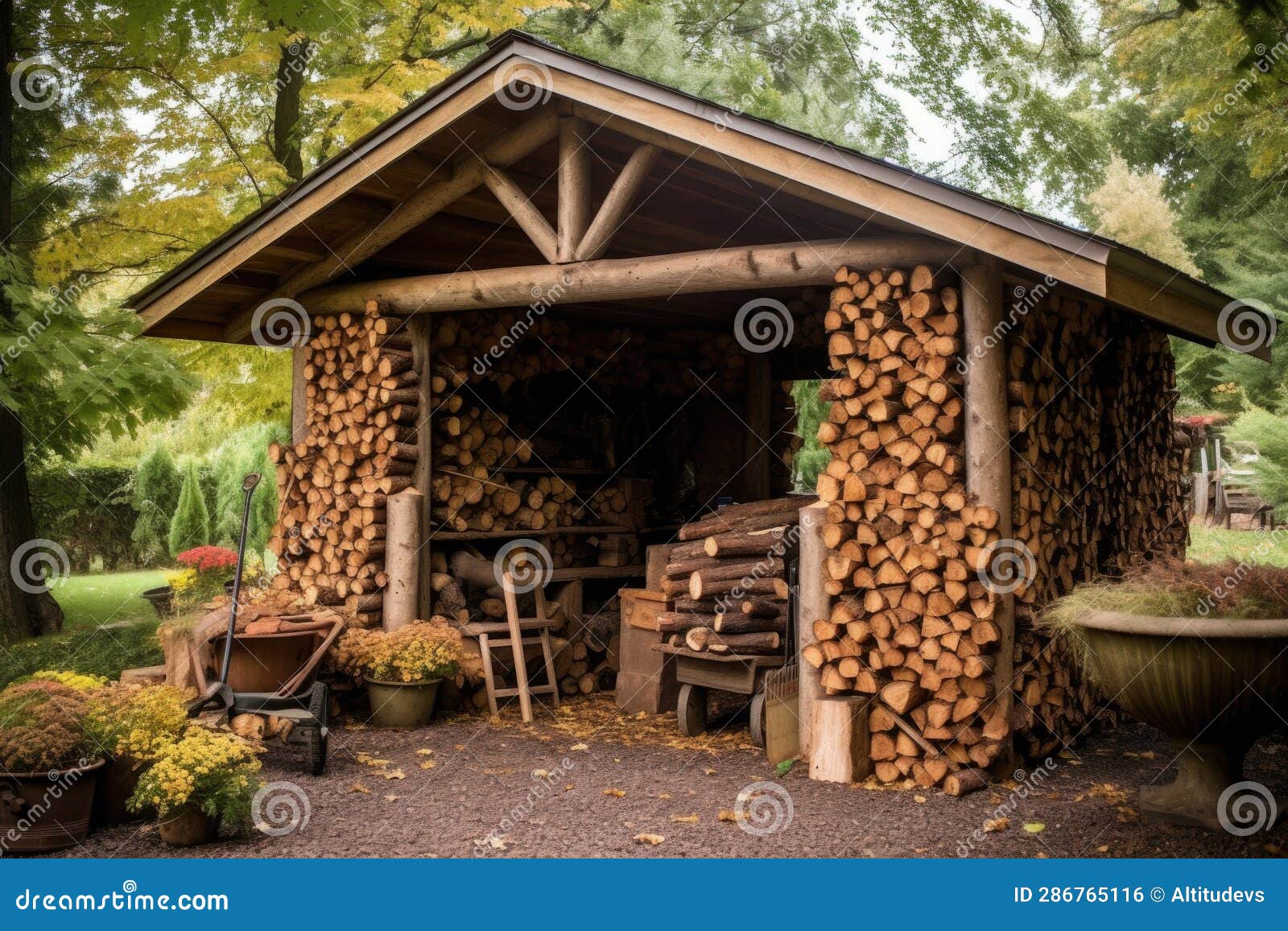 Rustic Firewood Storage Shed with Stacked Logs Stock Illustration ...