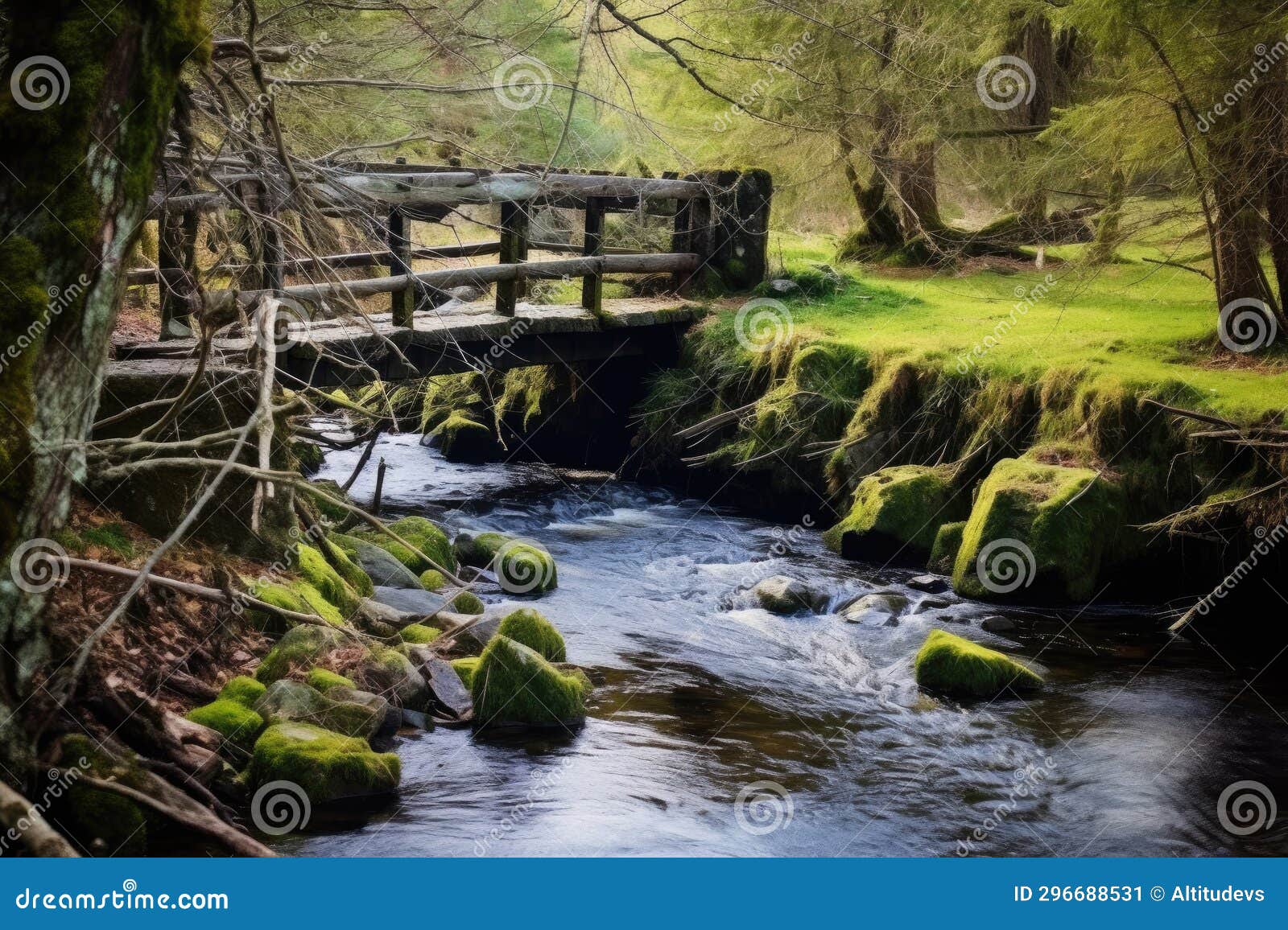 A Rustic Fishing Bridge Crossing a Slow-moving Stream Stock Image ...
