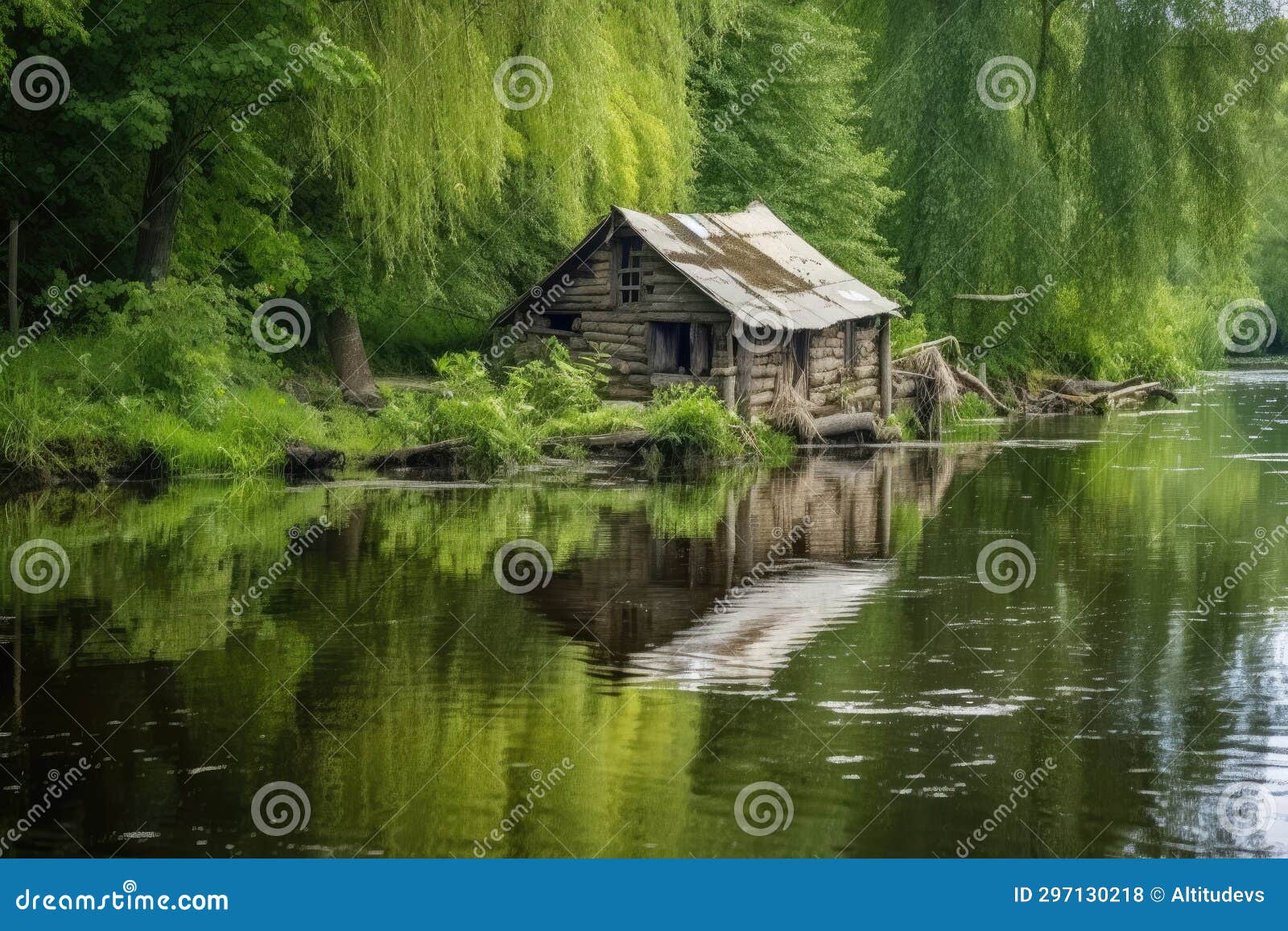 Rustic Fishing Hut by a Secluded River Stock Photo - Image of rural ...