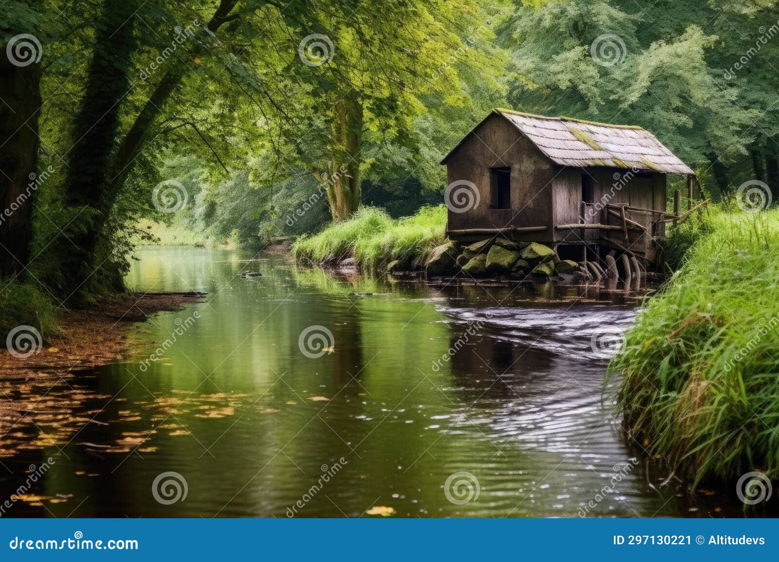 Rustic Fishing Hut by a Secluded River Stock Image - Image of riverside ...