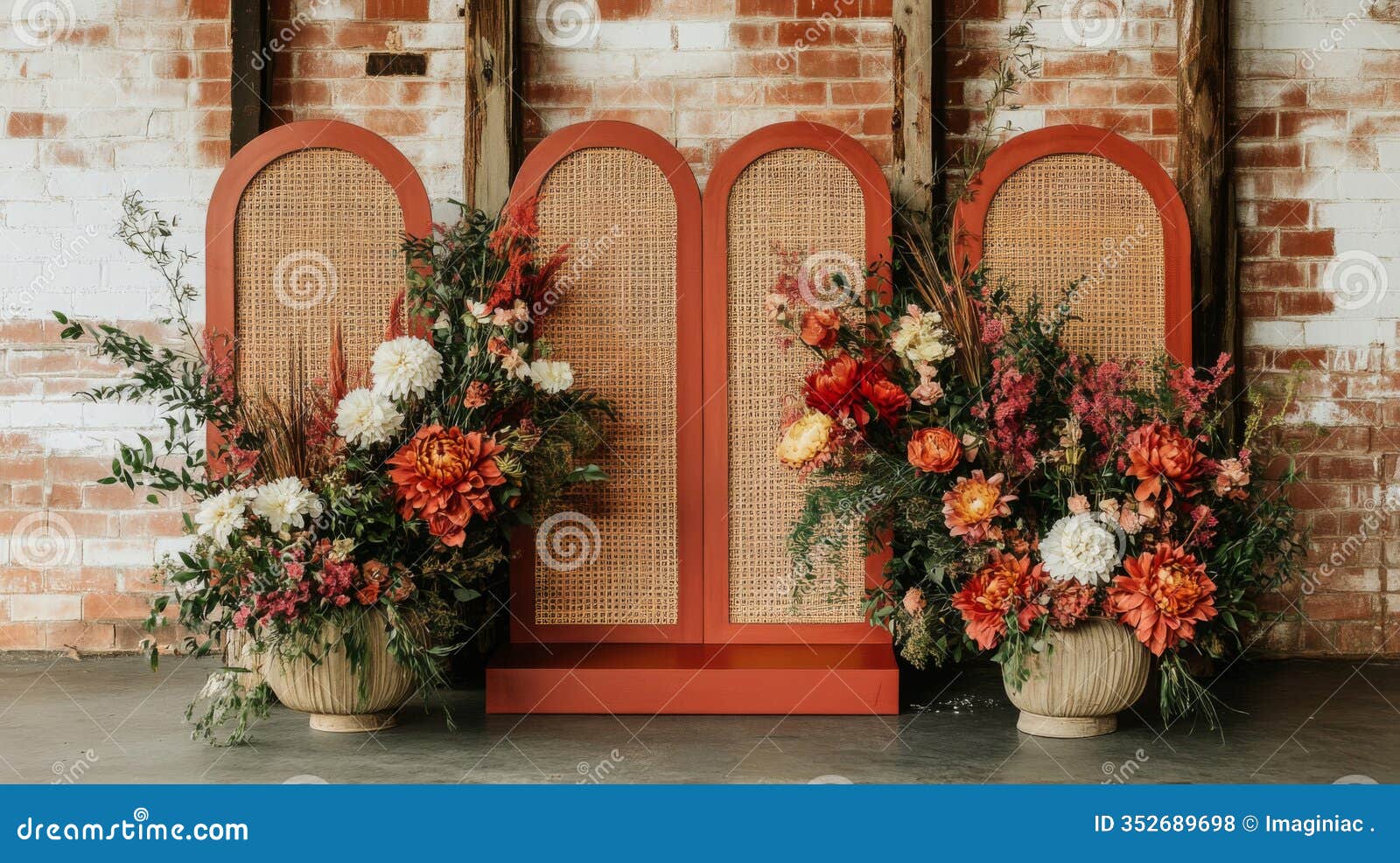 Rustic Floral Arrangement with Red Arch Backdrop Stock Illustration ...