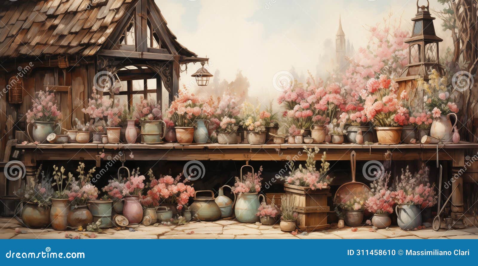 Rustic Flower Shop Facade with Blooming Plants Stock Illustration ...