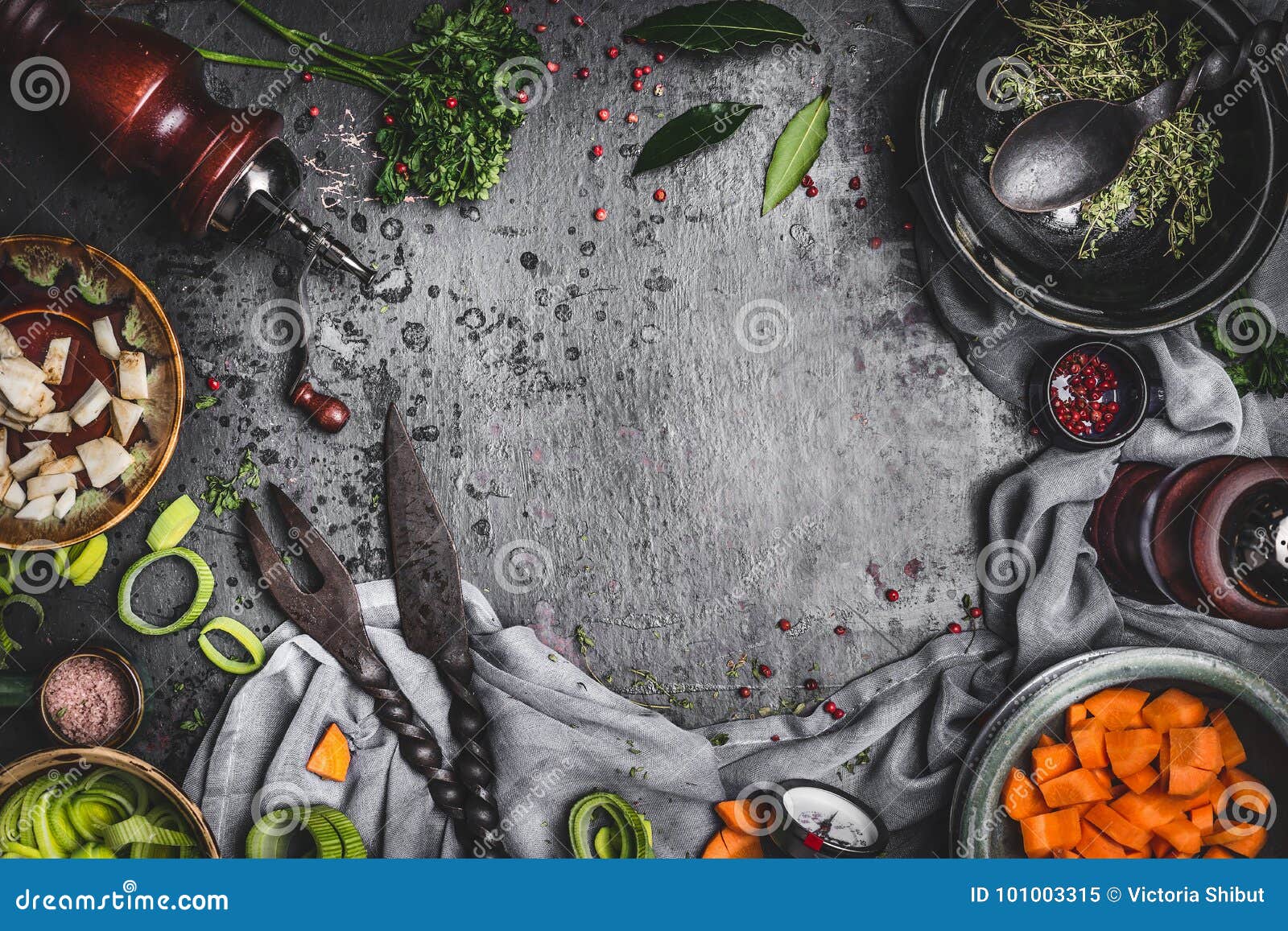 Rustic Food Cooking Kitchen Table Background with Vegetarian ...