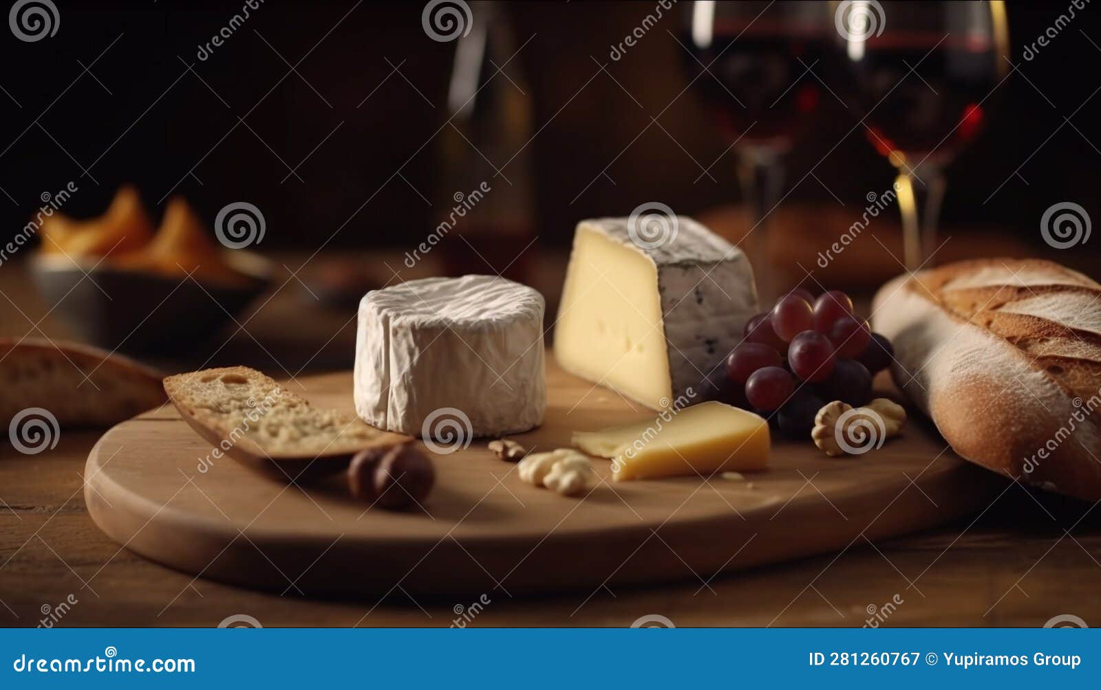 A Rustic French Still Life Bread, Cheese, Wine, and Grapes Generated by ...