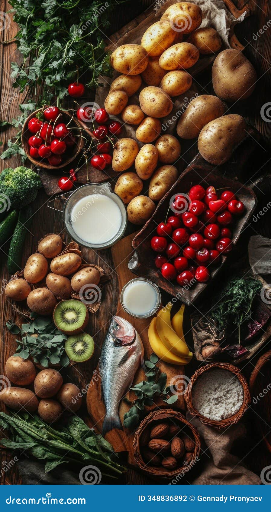 Rustic Fresh Produce Spread with Potatoes, Cherries, Milk, and Fish ...