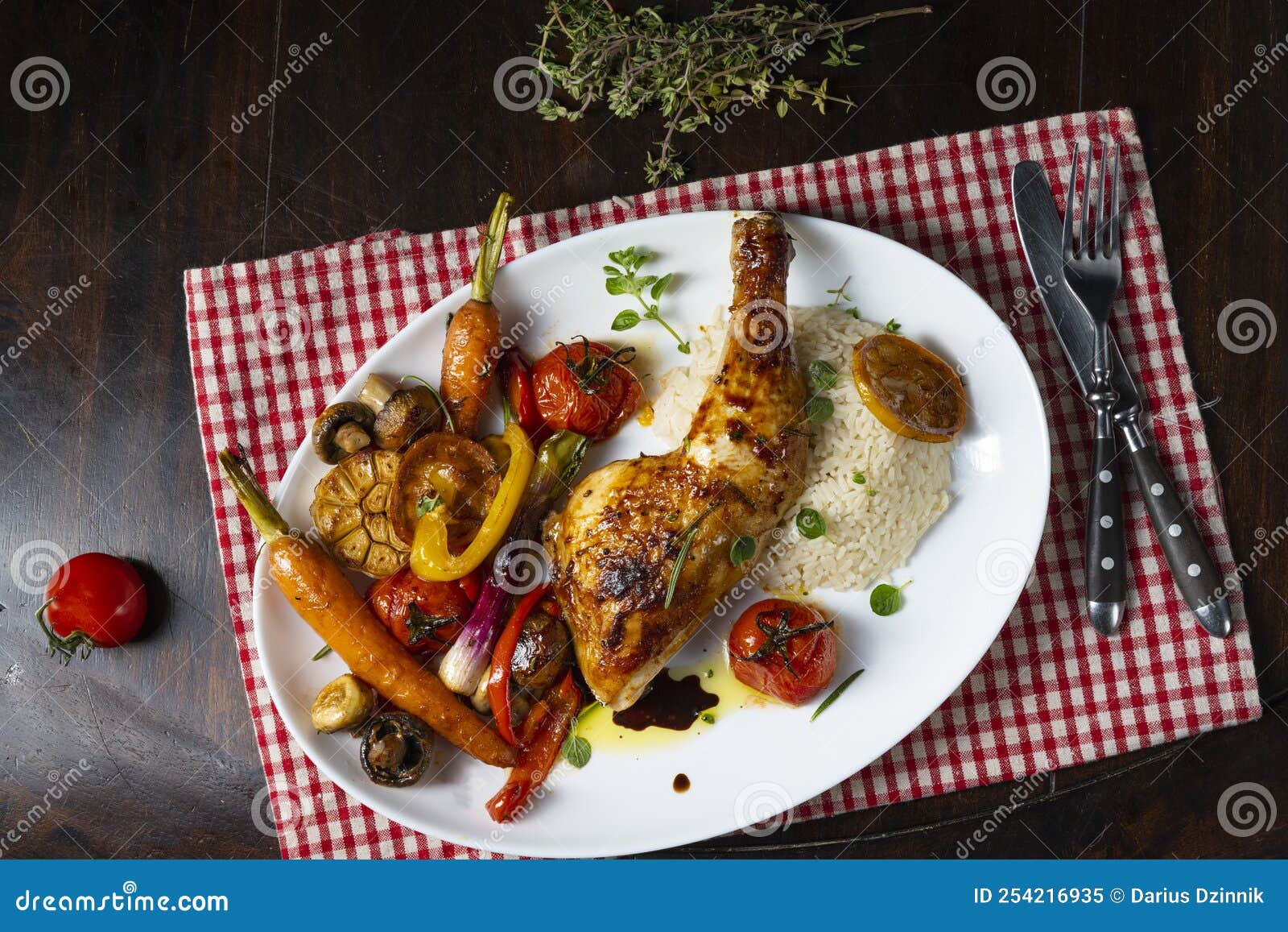 Rustic Fried Chicken Legs with Assorted Vegetables and Rice Stock Image ...