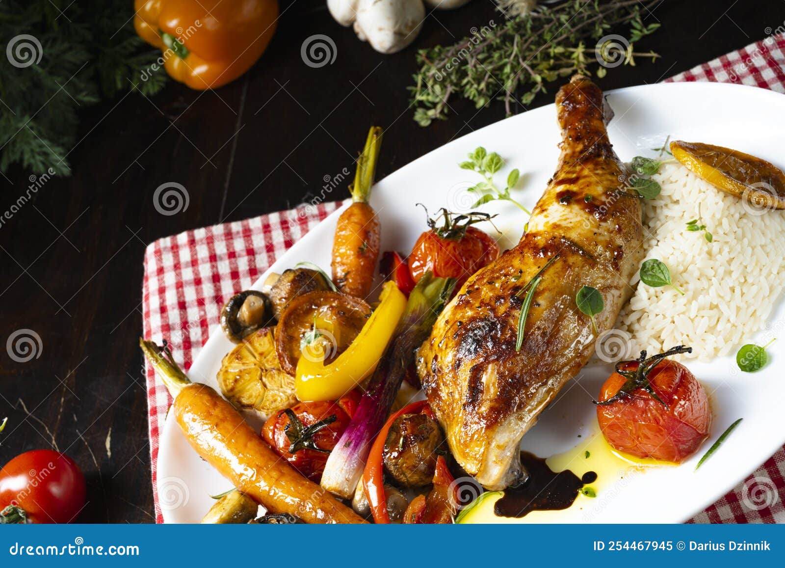 Rustic Fried Chicken Legs with Assorted Vegetables and Rice Stock Image ...