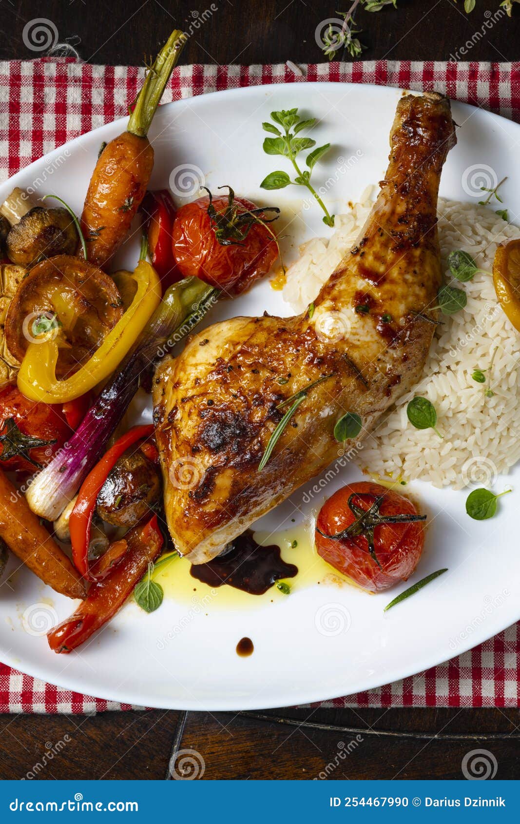 Rustic Fried Chicken Legs with Assorted Vegetables and Rice Stock Photo ...