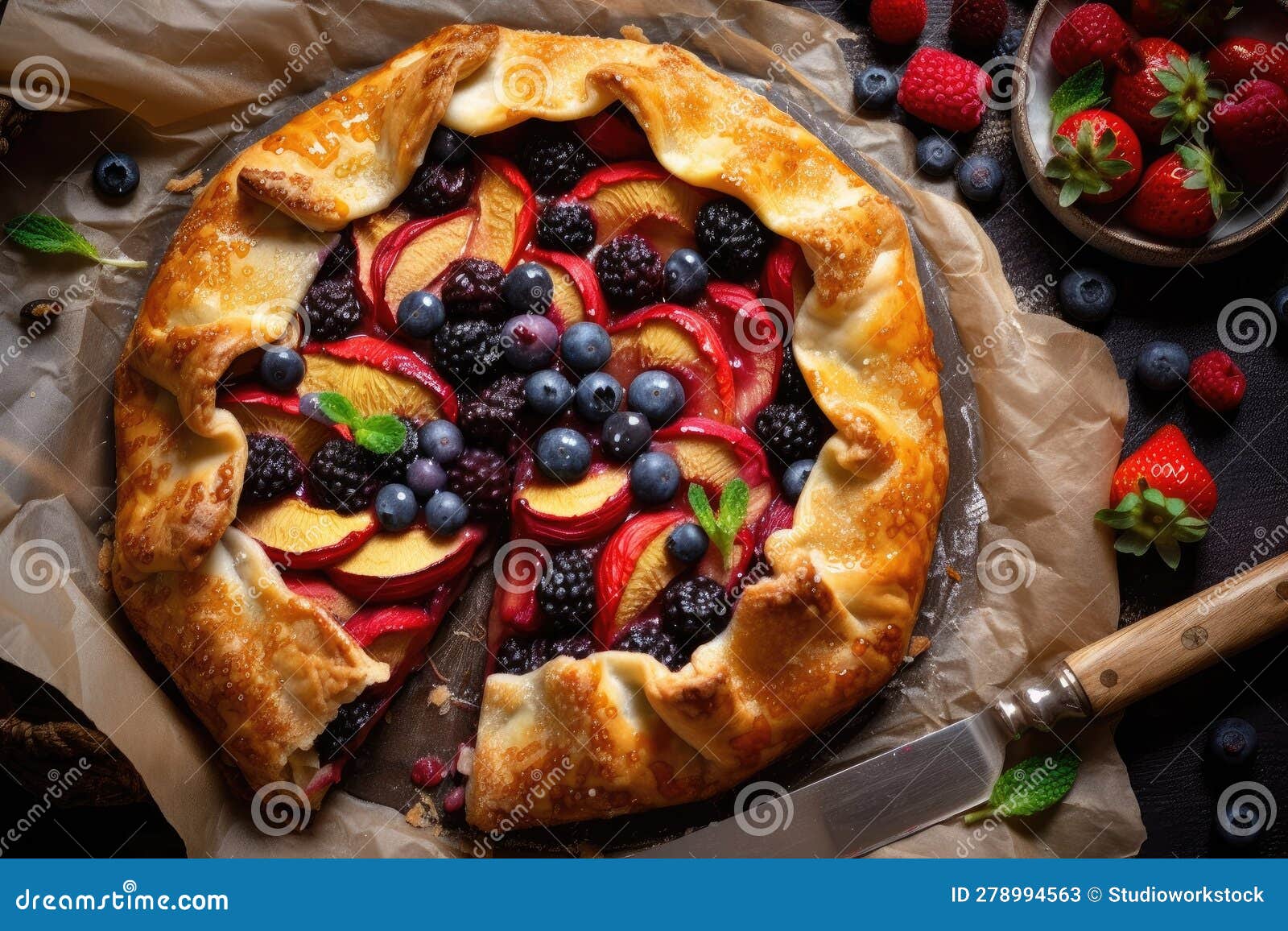 Rustic Fruit Tart with Flaky Pastry and Handful of Fresh Berries Stock ...