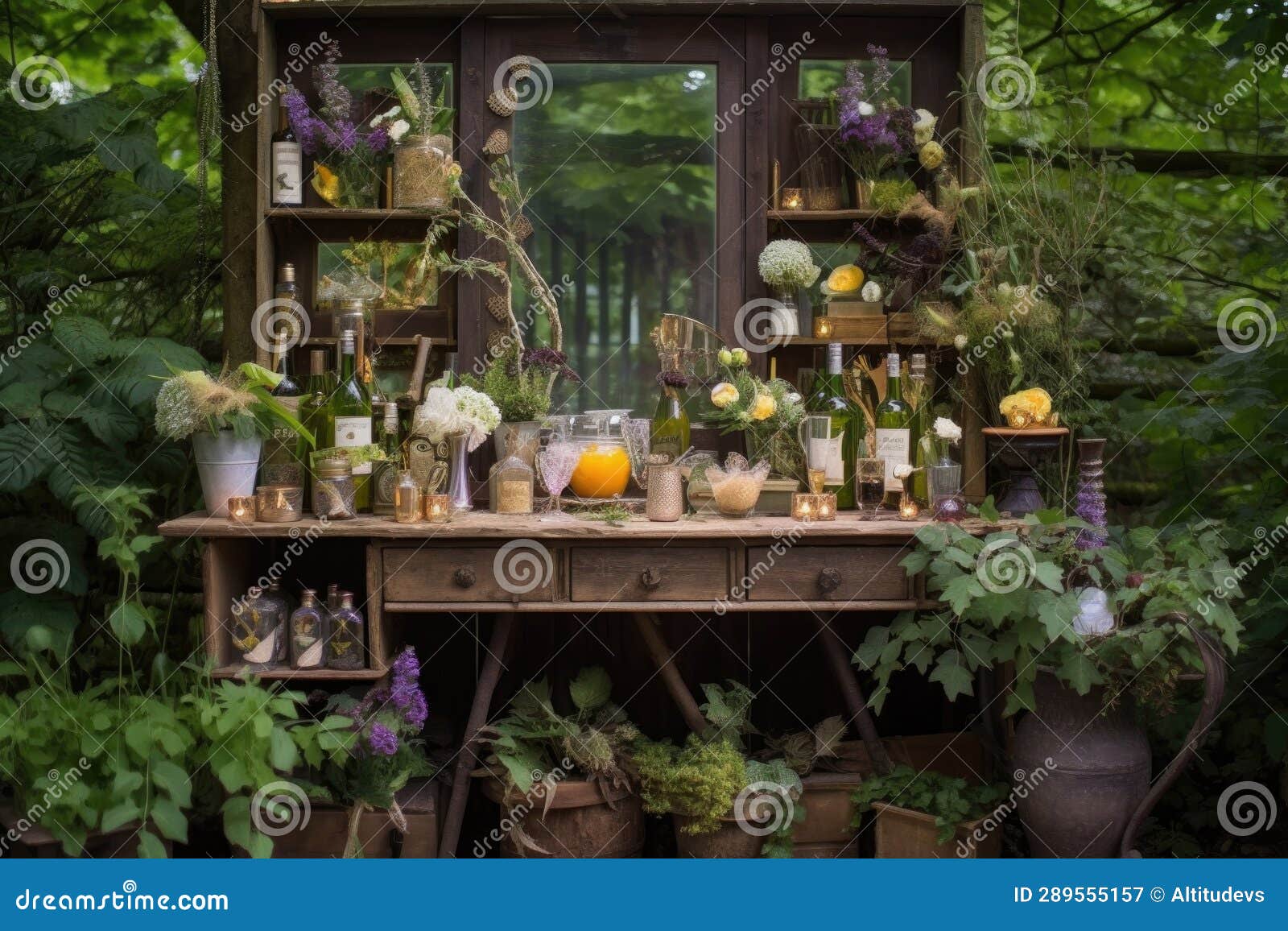 Rustic Garden Party Bar with Vodka, Mixers and Decorations Stock Image ...