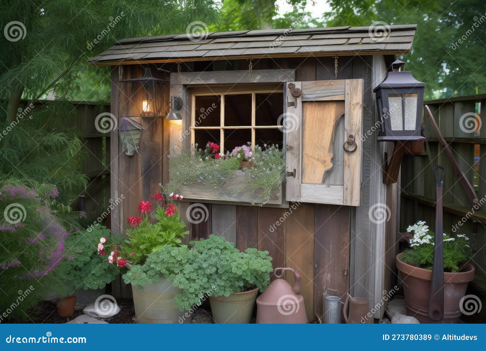 Rustic Garden Shed with Window Box, Planter and Lantern Stock ...