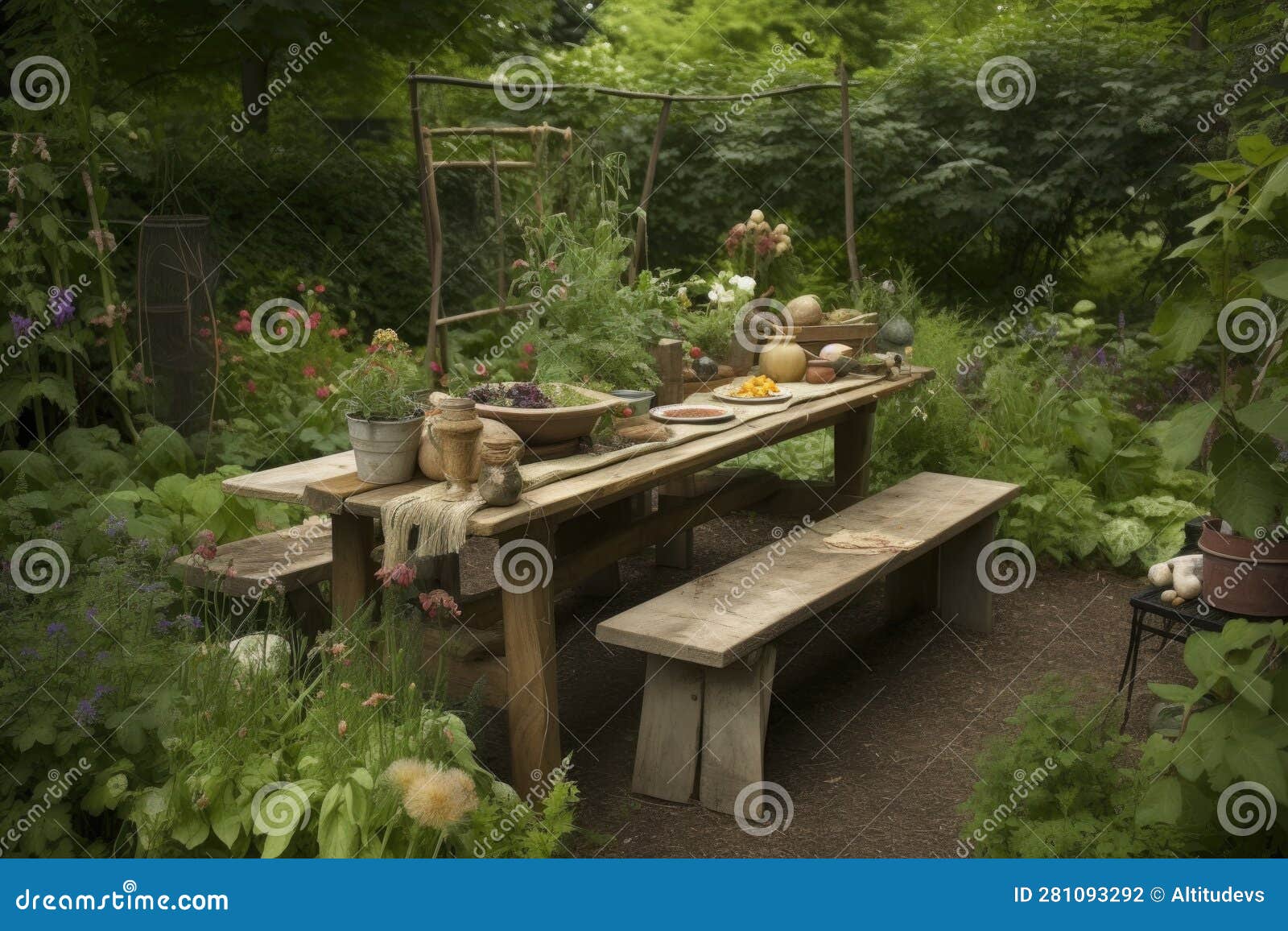 Rustic Garden Table with Natural Elements and Inviting Settings Stock ...