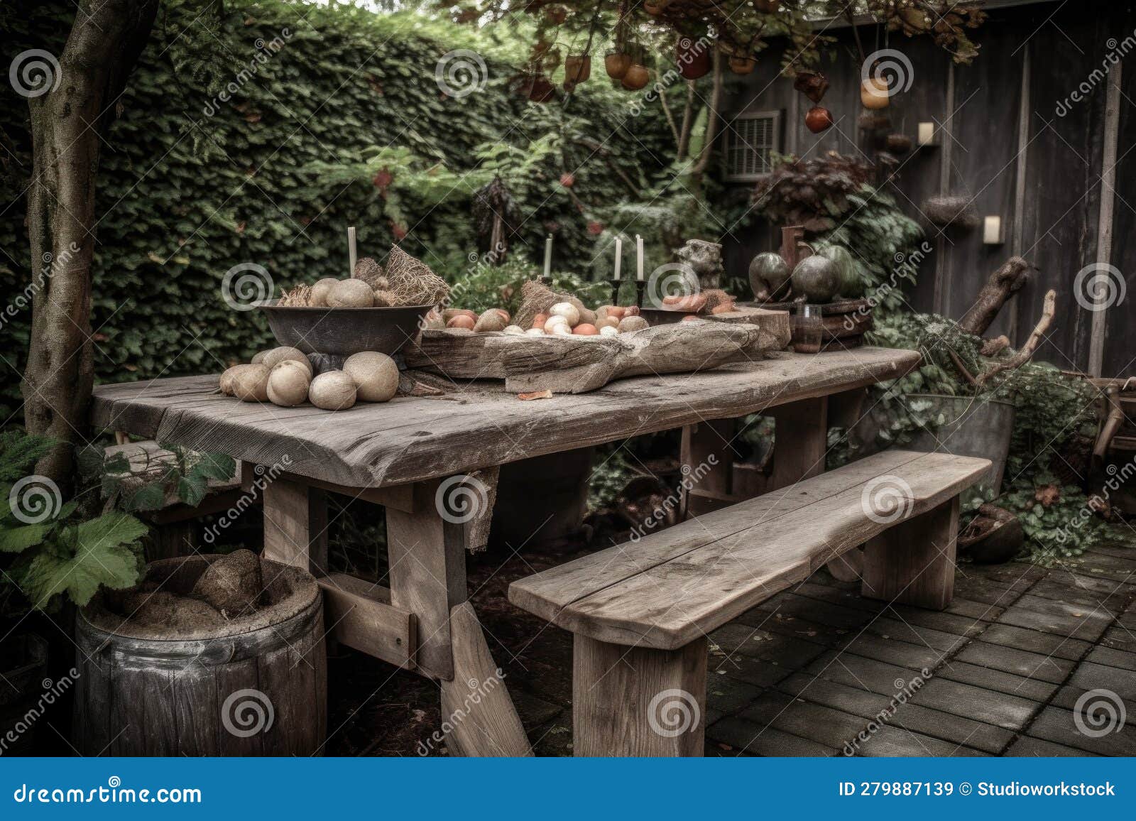 Rustic Garden Table with Natural Elements and Inviting Settings Stock ...