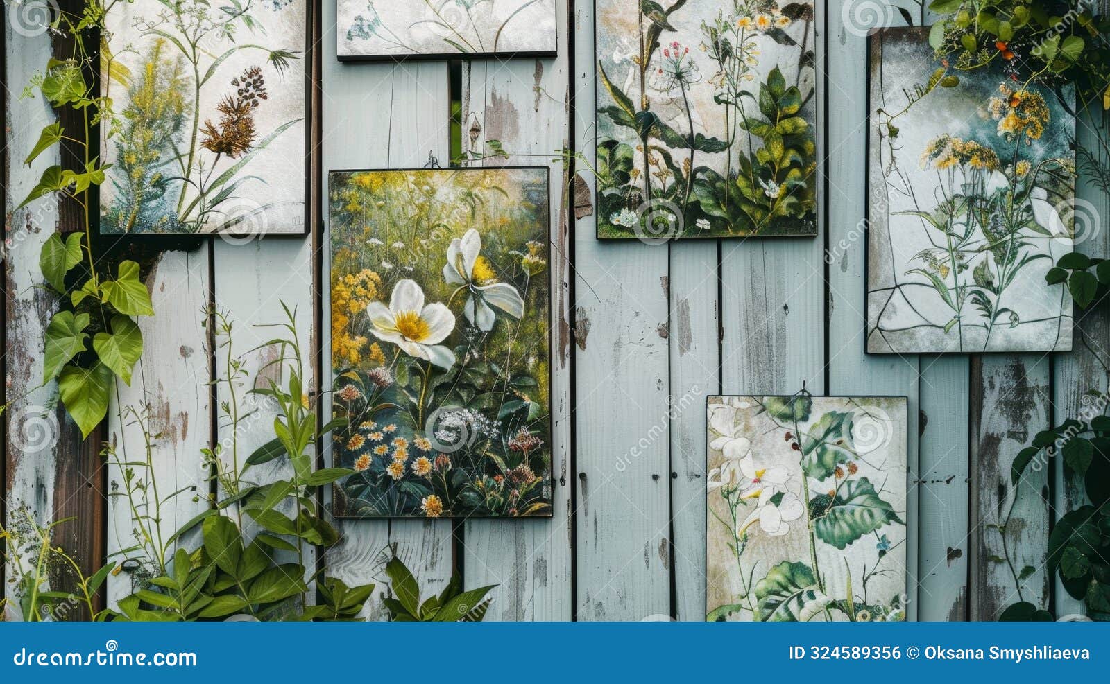 Rustic Garden Wall with Hanging Floral Artwork Displays Stock Photo ...