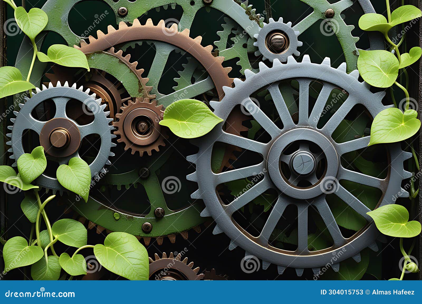 Rustic Gears Interlocked with Delicate Vines Symbolizing the Merge of ...