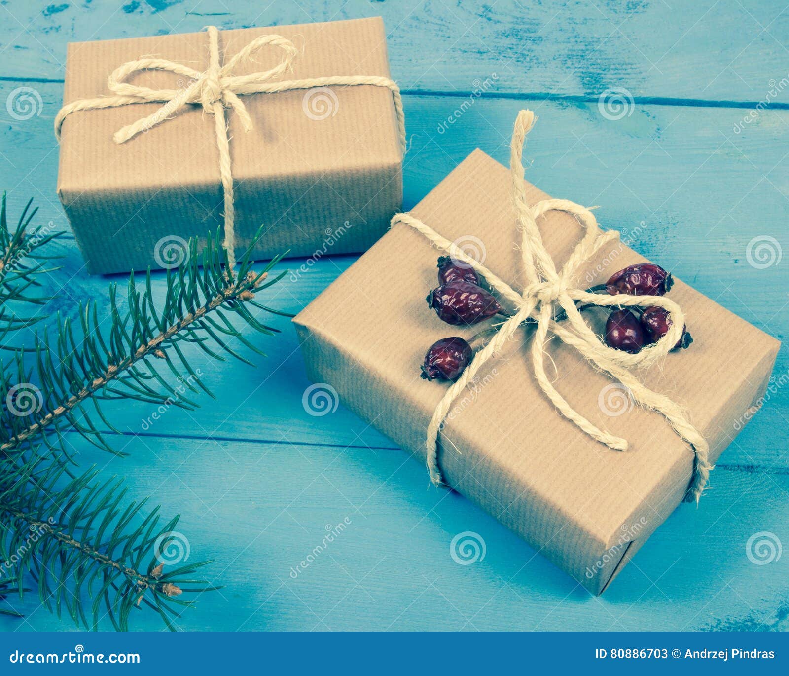 Rustic Gift Box with Kraft Paper. Christmas Gift. Stock Image - Image ...