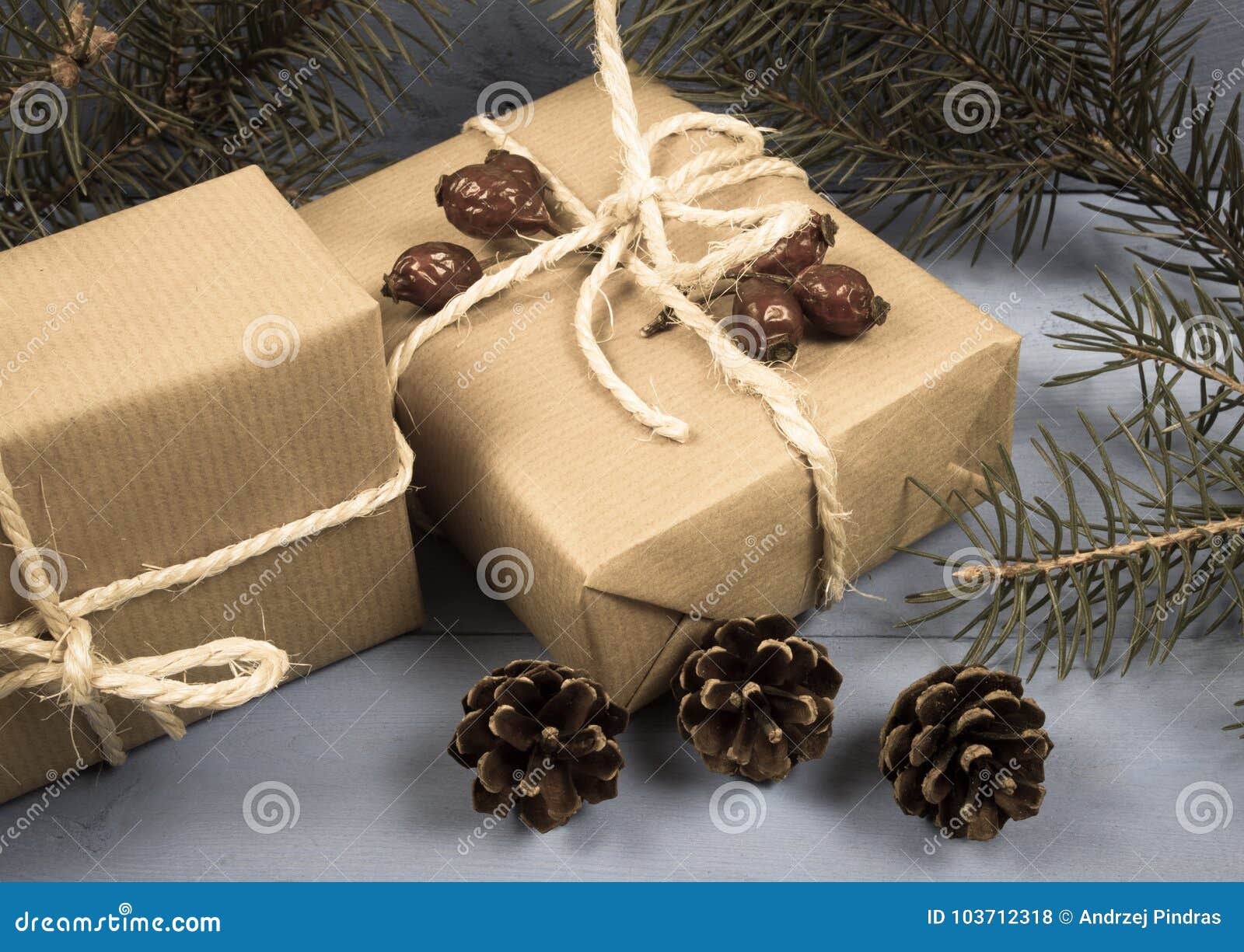 Rustic Gift Box with Kraft Paper. Christmas Gift. Stock Photo - Image ...