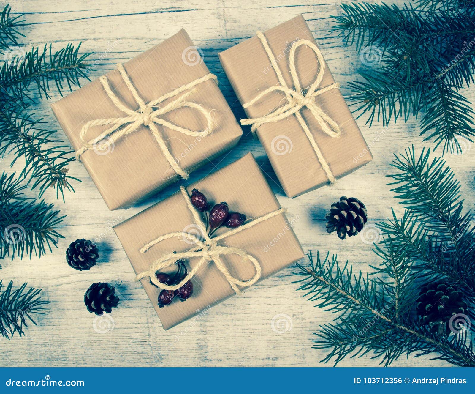 Rustic Gift Box with Kraft Paper. Christmas Gift. Stock Photo - Image ...