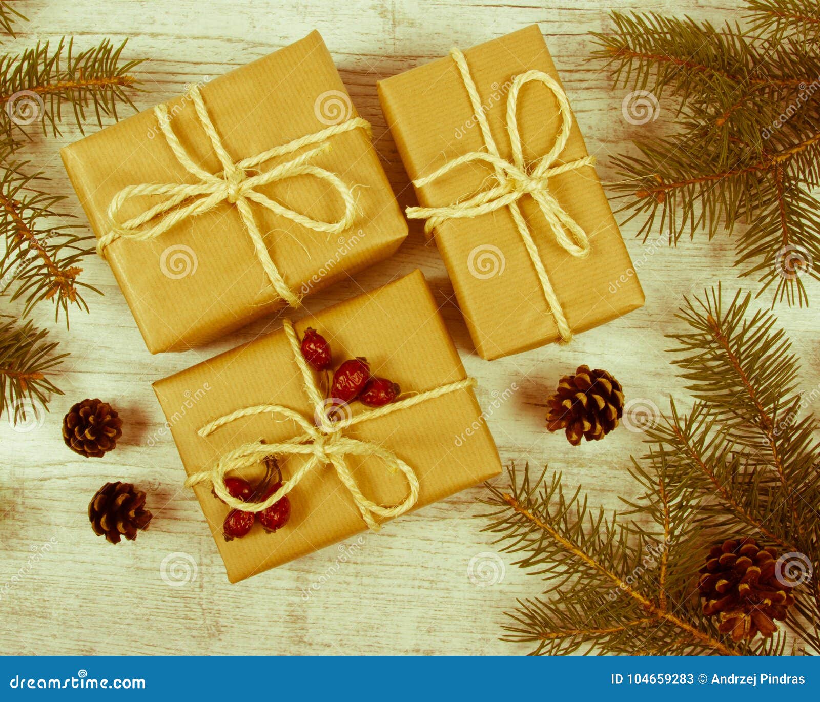 Rustic Gift Box with Kraft Paper. Christmas Gift. Stock Image - Image ...