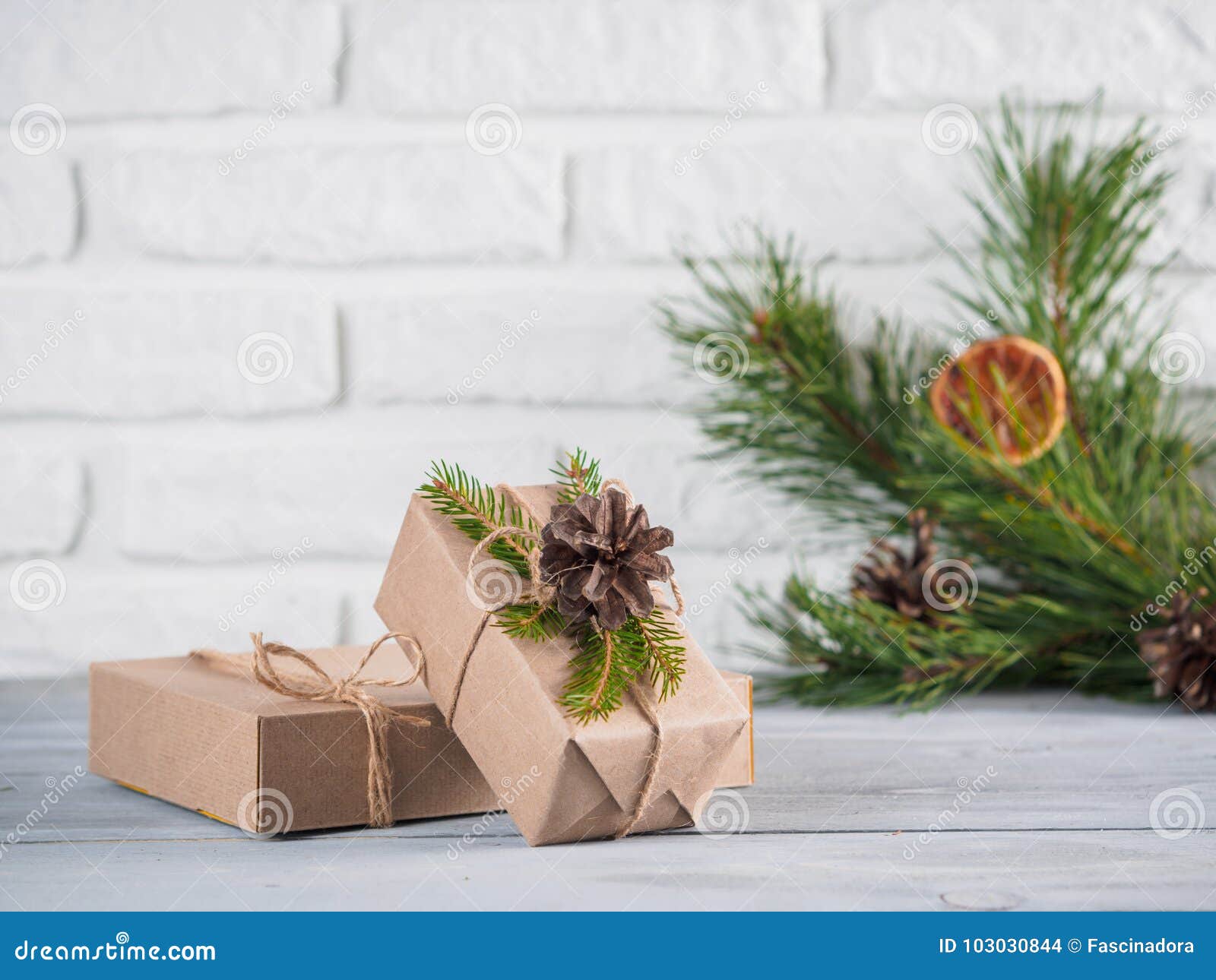 Rustic Gift Boxes and Christmas Pine Three, Copyspace Stock Photo ...