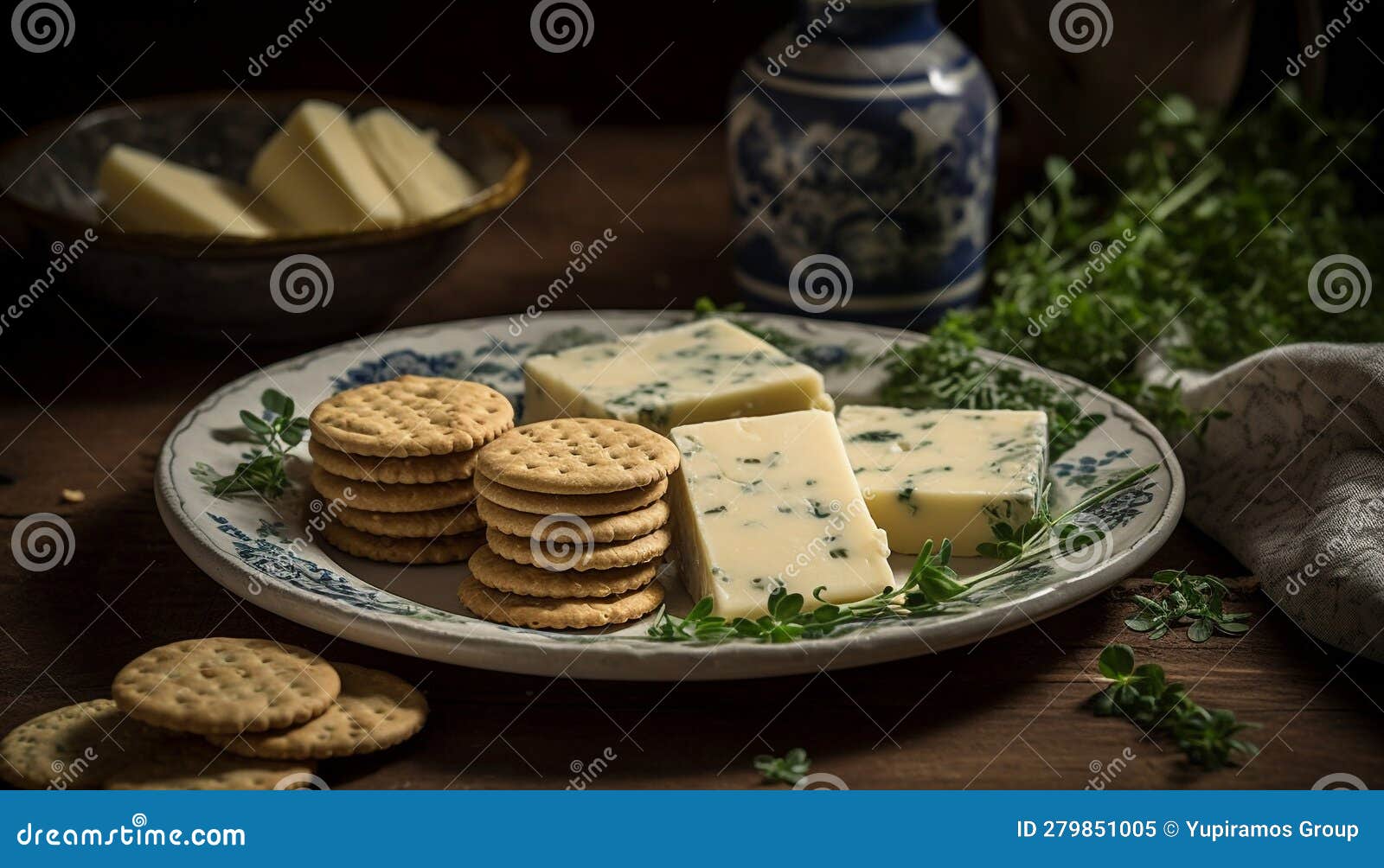 Rustic Gourmet Snack Plate Camembert, Bread, Butter, Grapes, and Wine ...