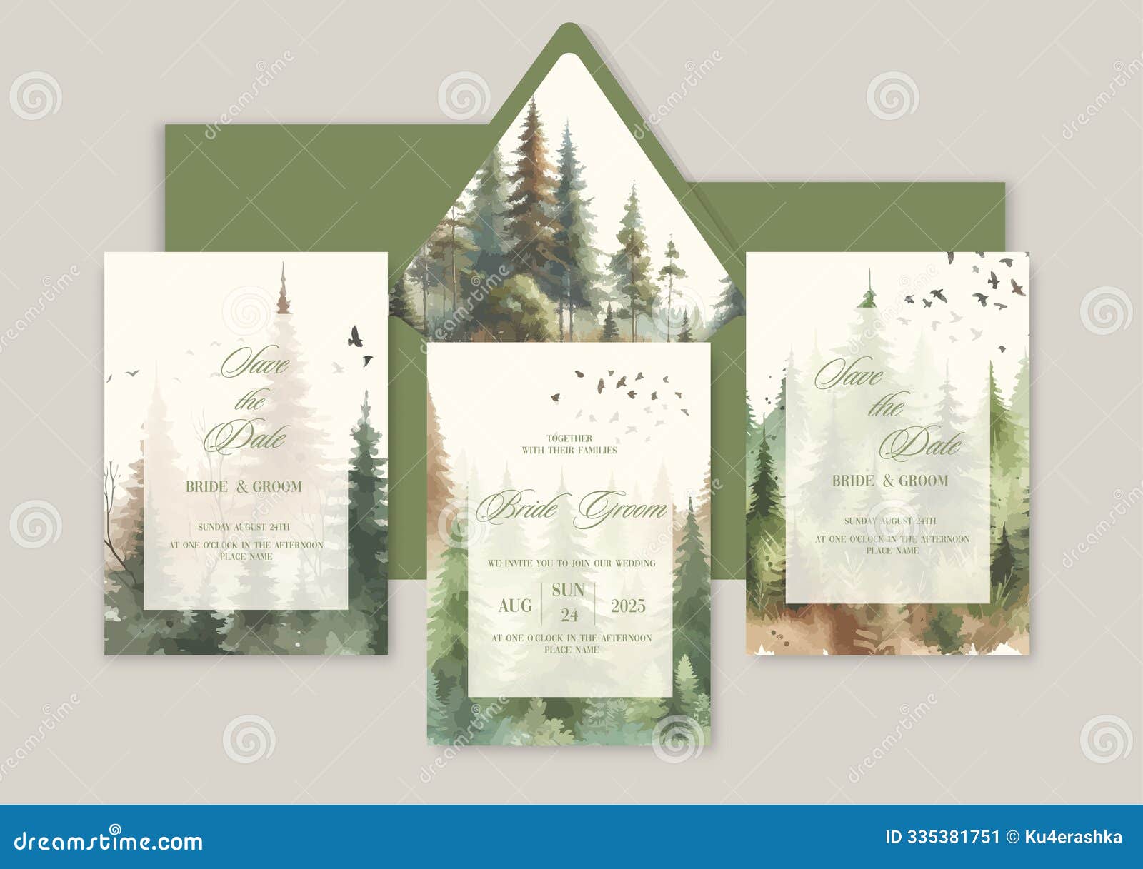 Rustic Greenery Wedding Invitation Card Template with Watercolor Pine ...