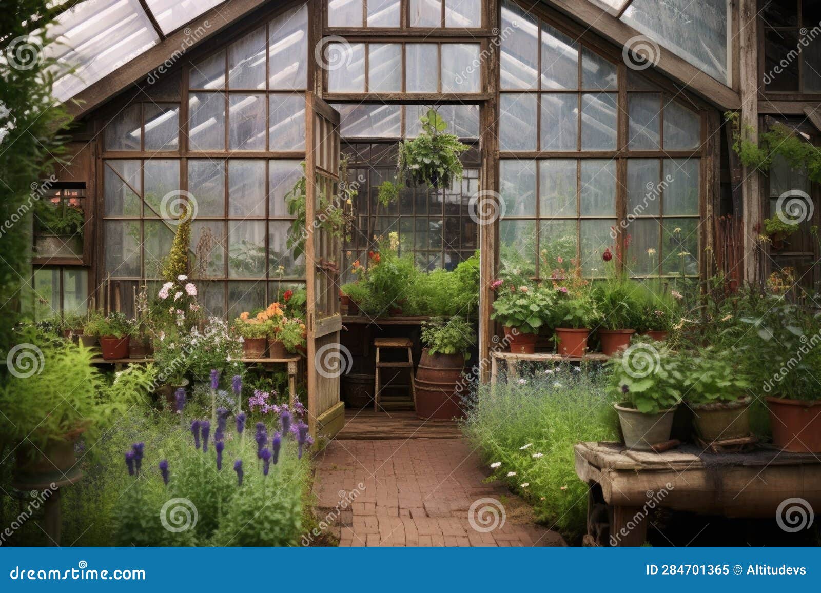 Rustic Greenhouse Surrounded by Wildflowers and Herbs Stock Image ...