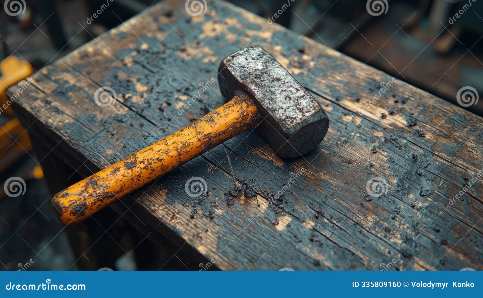 Rustic Hammer on Weathered Workbench, Close-up. Industrial and ...