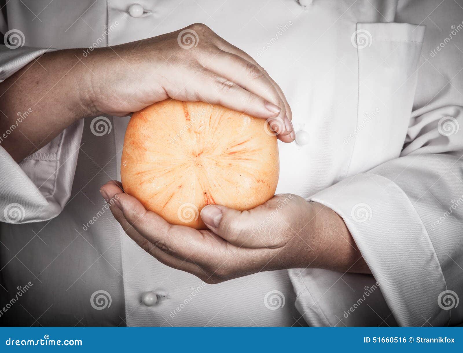 Rustic Handmade Gourmet Cheese in the Hands of the Cook. Toned Stock ...