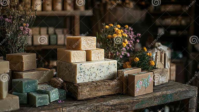 A Rustic Handmade Soap Display with Floral Packaging and Soft Lighting ...