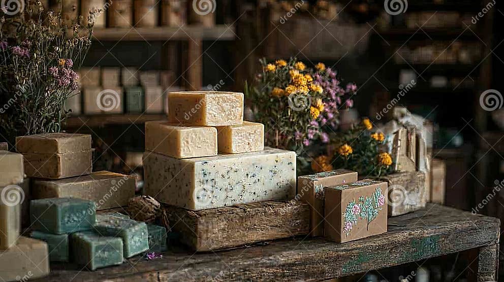 A Rustic Handmade Soap Display with Floral Packaging and Soft Lighting ...