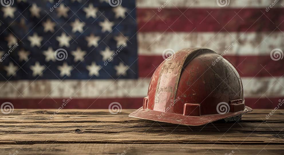 Rustic Hard Hat Resting on Wooden Surface with American Flag Backdrop ...