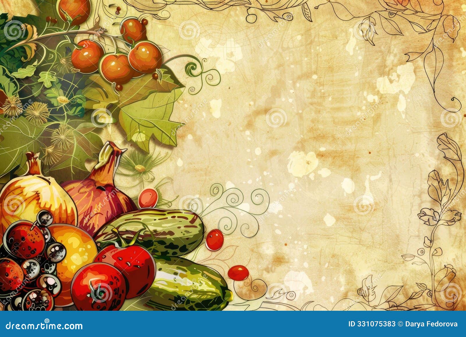 Rustic Harvest Background with Vegetables and Botanical Illustrations ...
