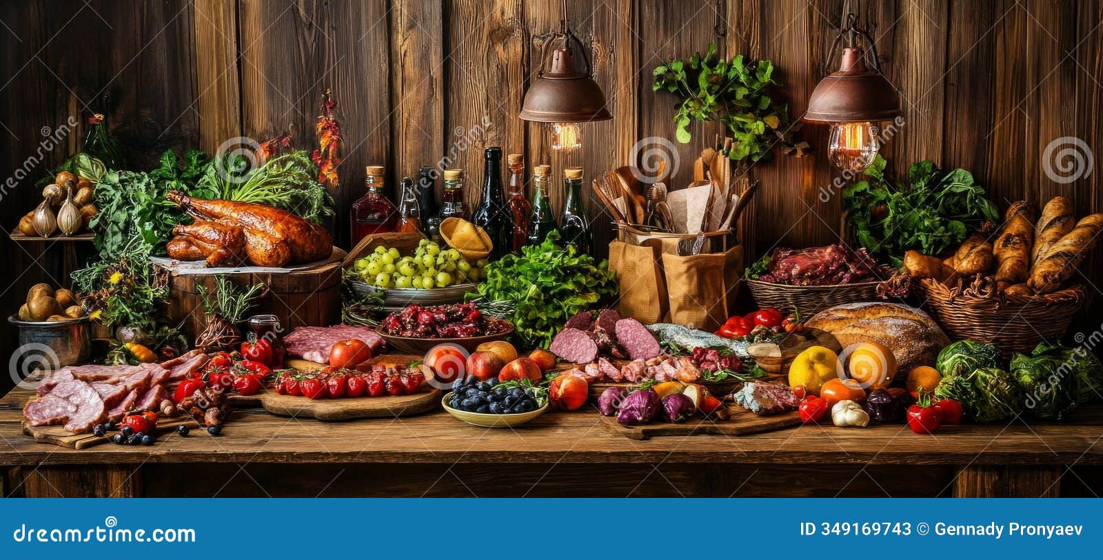 Rustic Harvest Feast Display with Assorted Meats, Vegetables, and ...