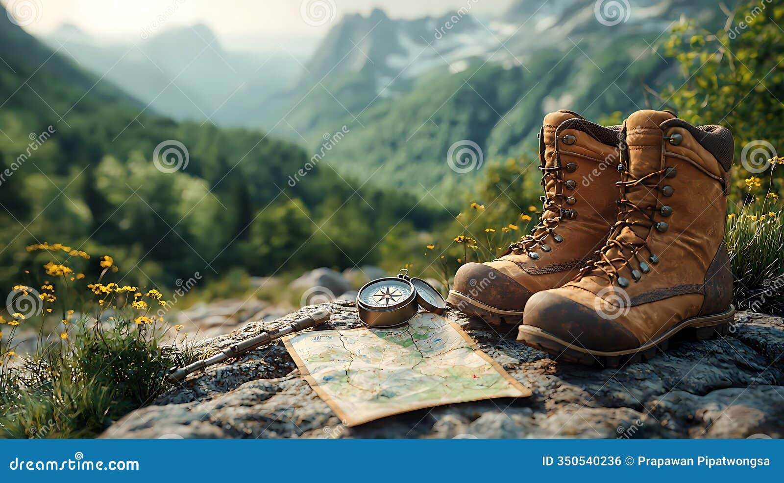 Rustic Hiking Boots, Compass, and Map on Rocky Surface in Nature Stock ...