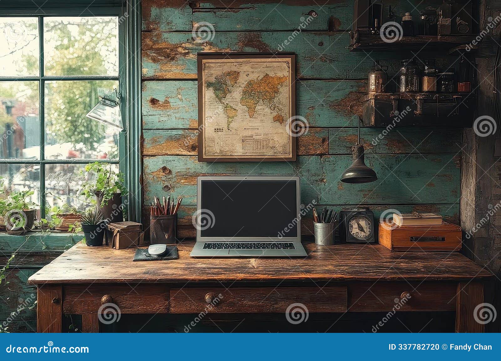 Rustic Home Office Desk with Vintage World Map and Laptop Stock ...