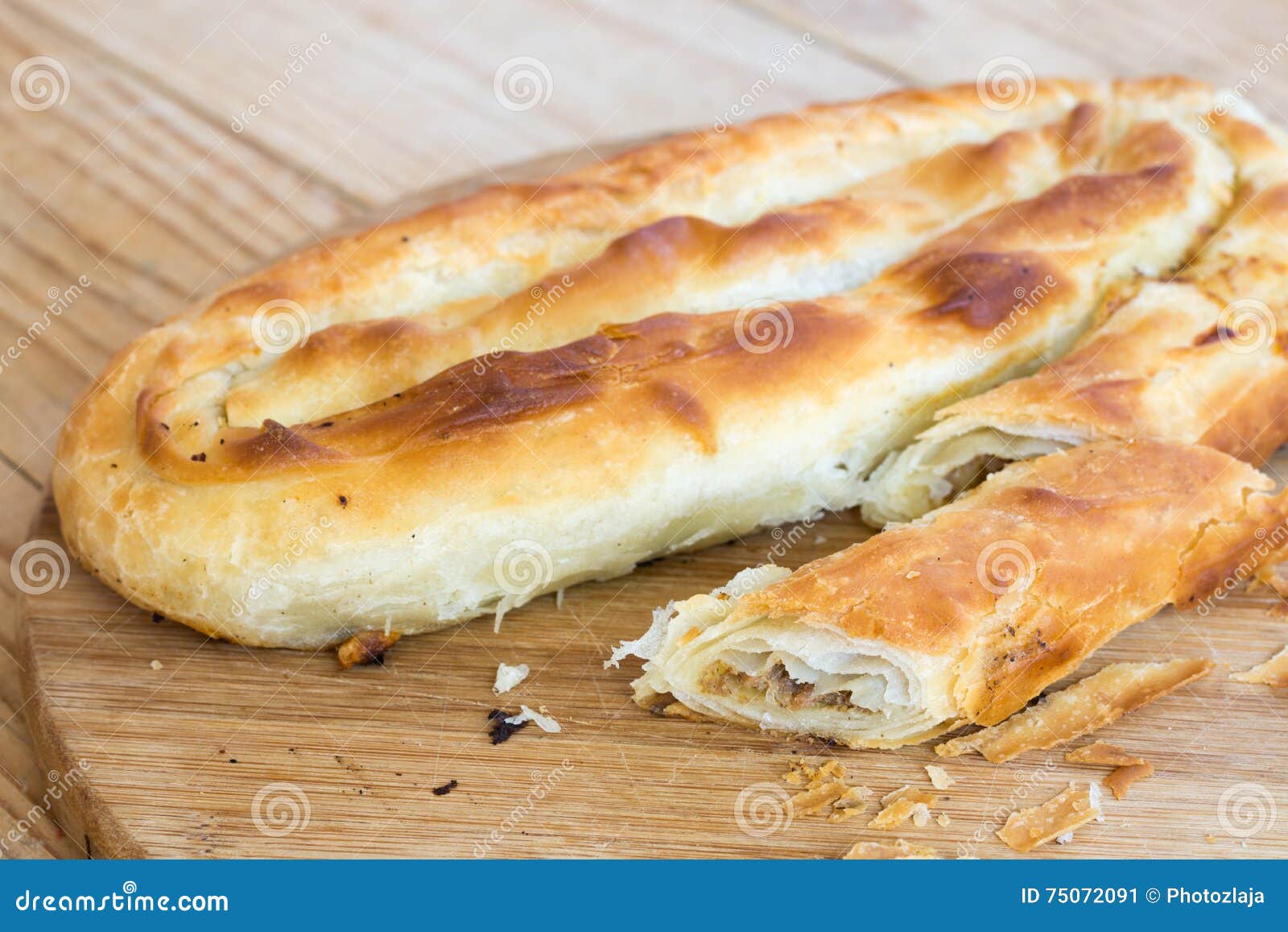 Rustic Homemade Burek Pie with Meat on the Wooden Background Stock ...