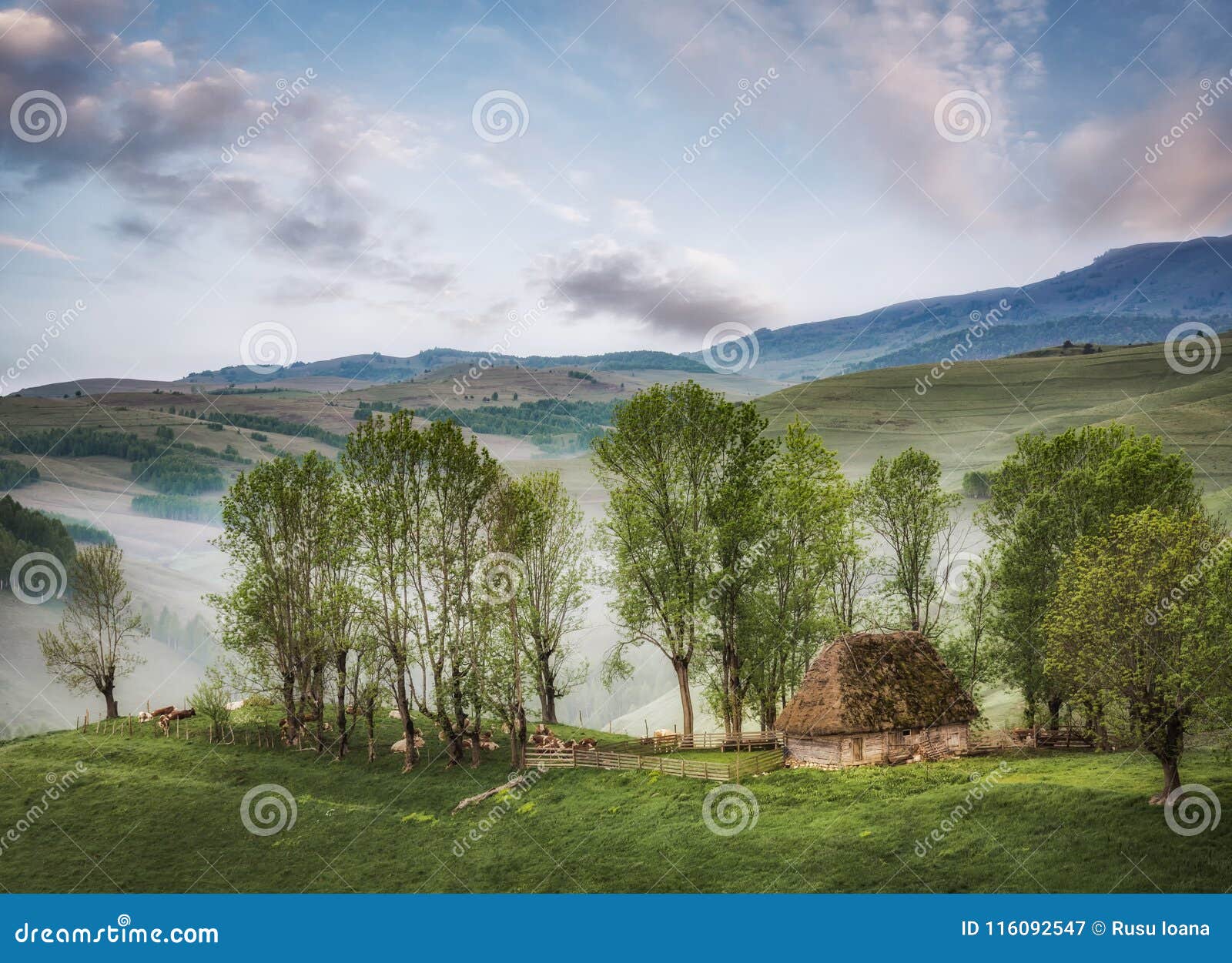 Rustic House with Beautiful Landscape - Early in the Morning Stock ...