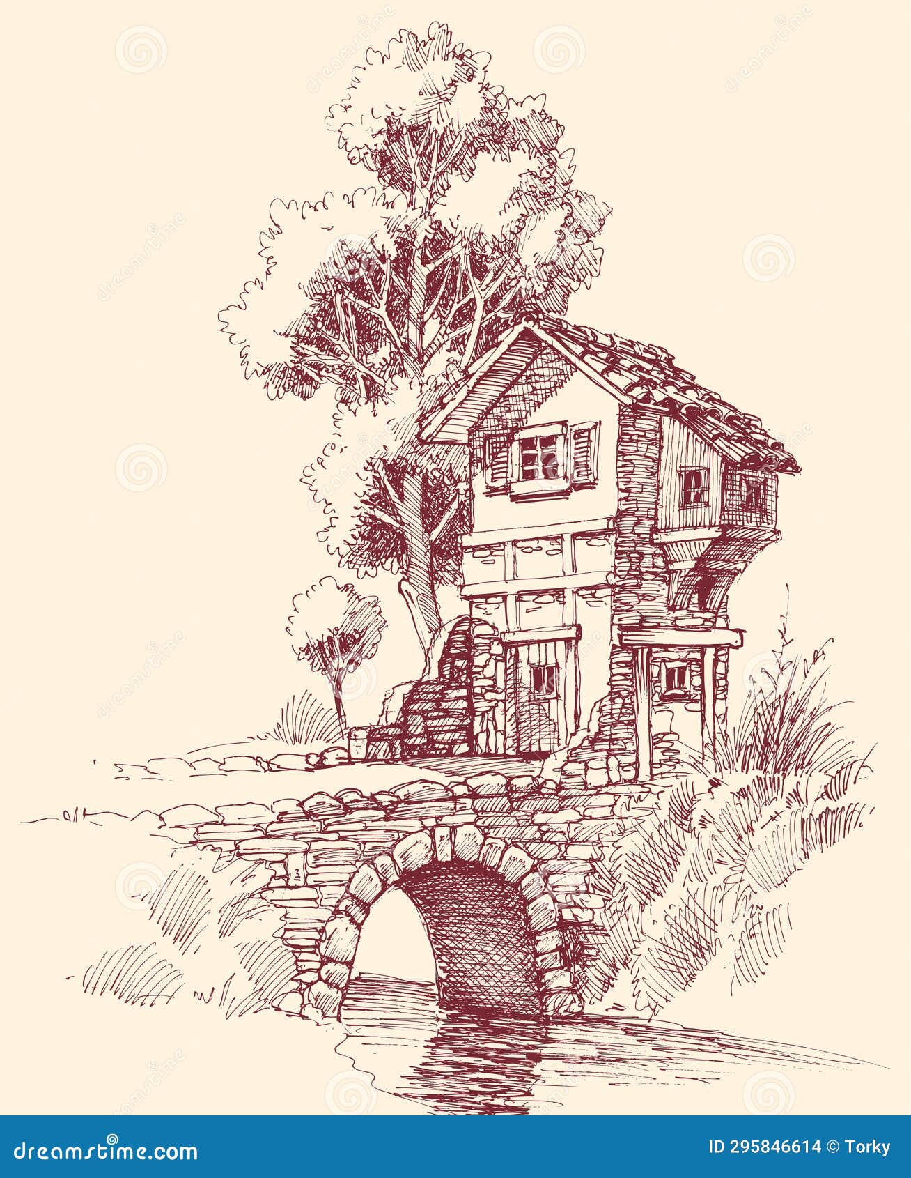 Rustic House Exterior Sketch Stock Vector - Illustration of stone, home ...