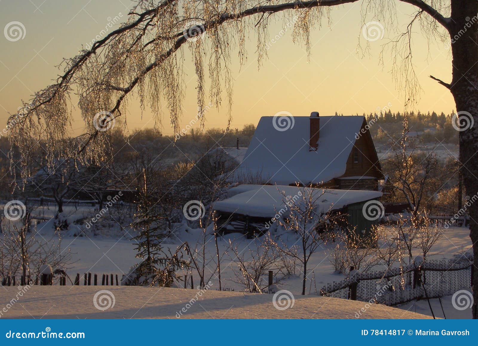 Rustic House in the Snow in the Evening Light Stock Image - Image of ...