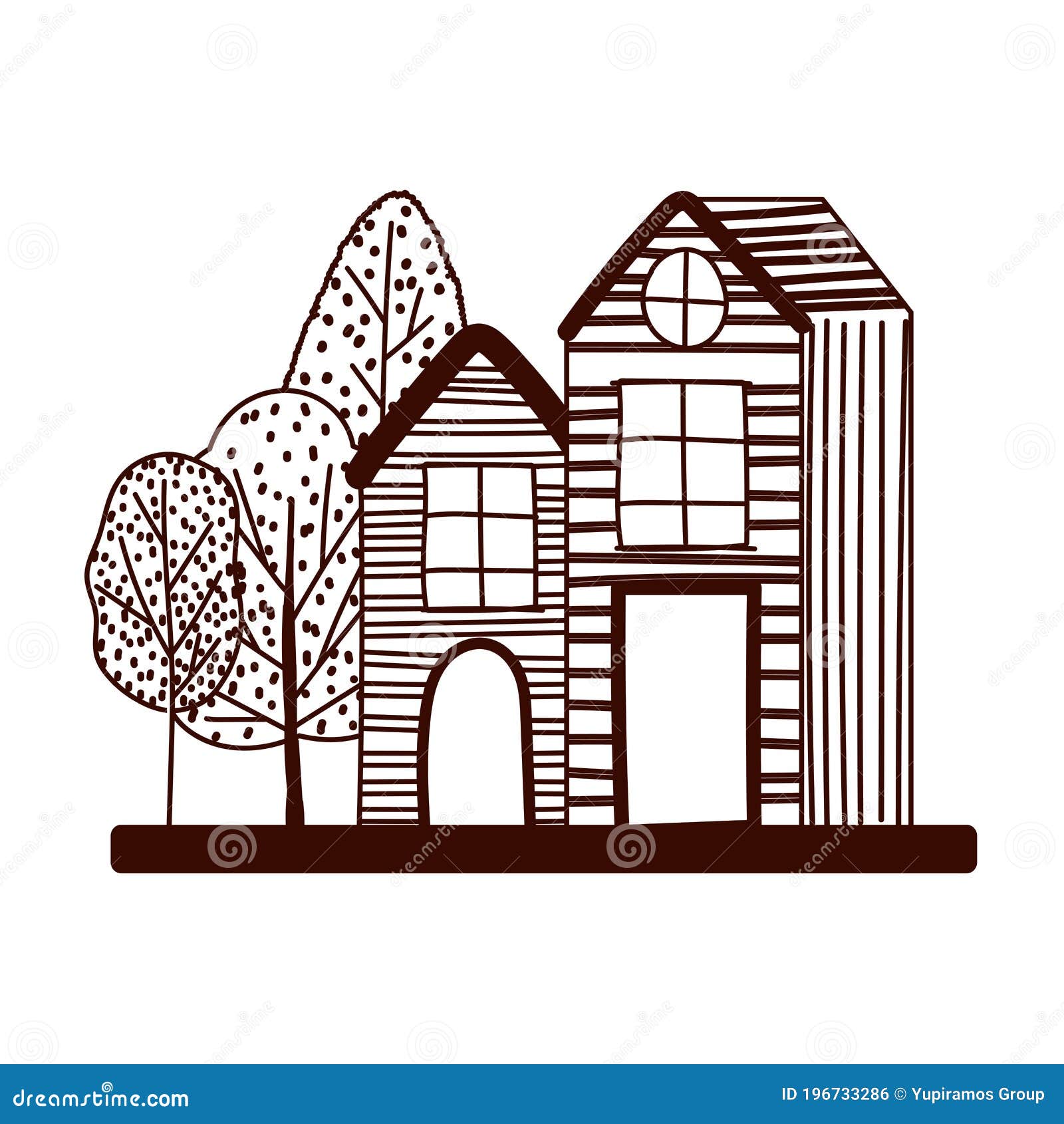 Rustic Houses Trees Foliage Isolated Design White Background Line Style ...
