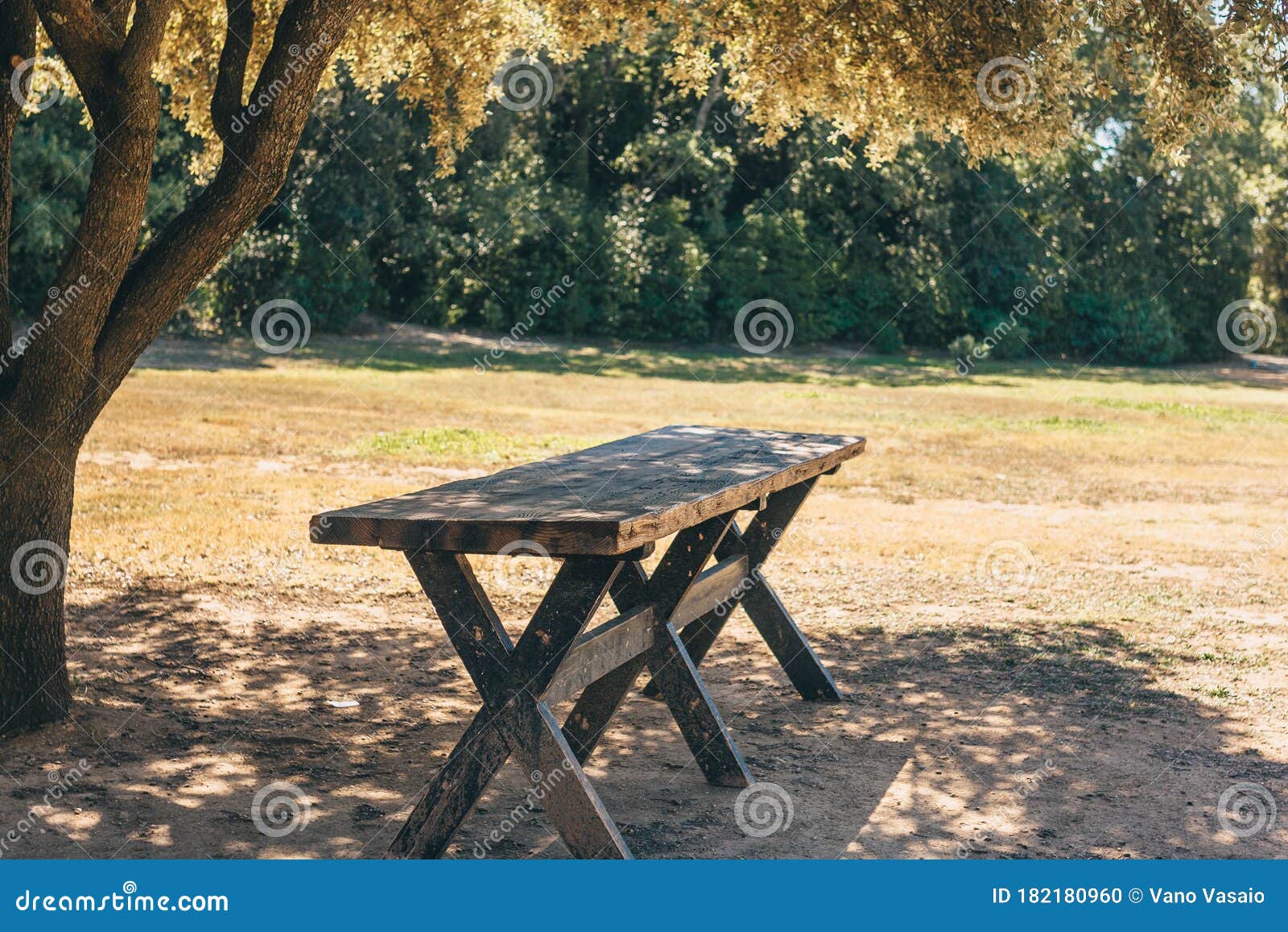 Rustic Idyll - an Old Wooden Table Under a Tree in the Garden Stock ...