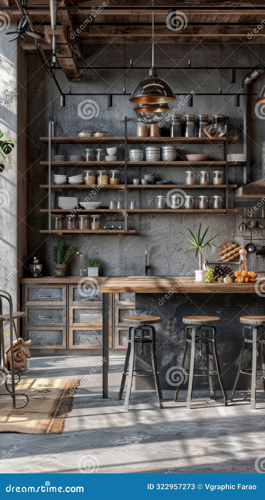 Rustic Industrial Kitchen with Open Shelving and Bar Stools, Cozy ...