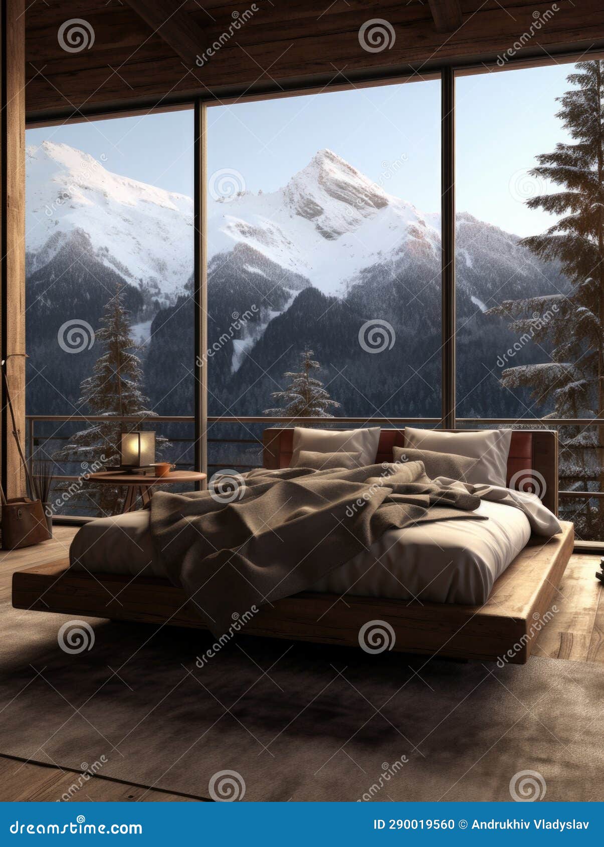 Rustic Interior Design of Modern Bedroom in Chalet with Snow Mountain ...