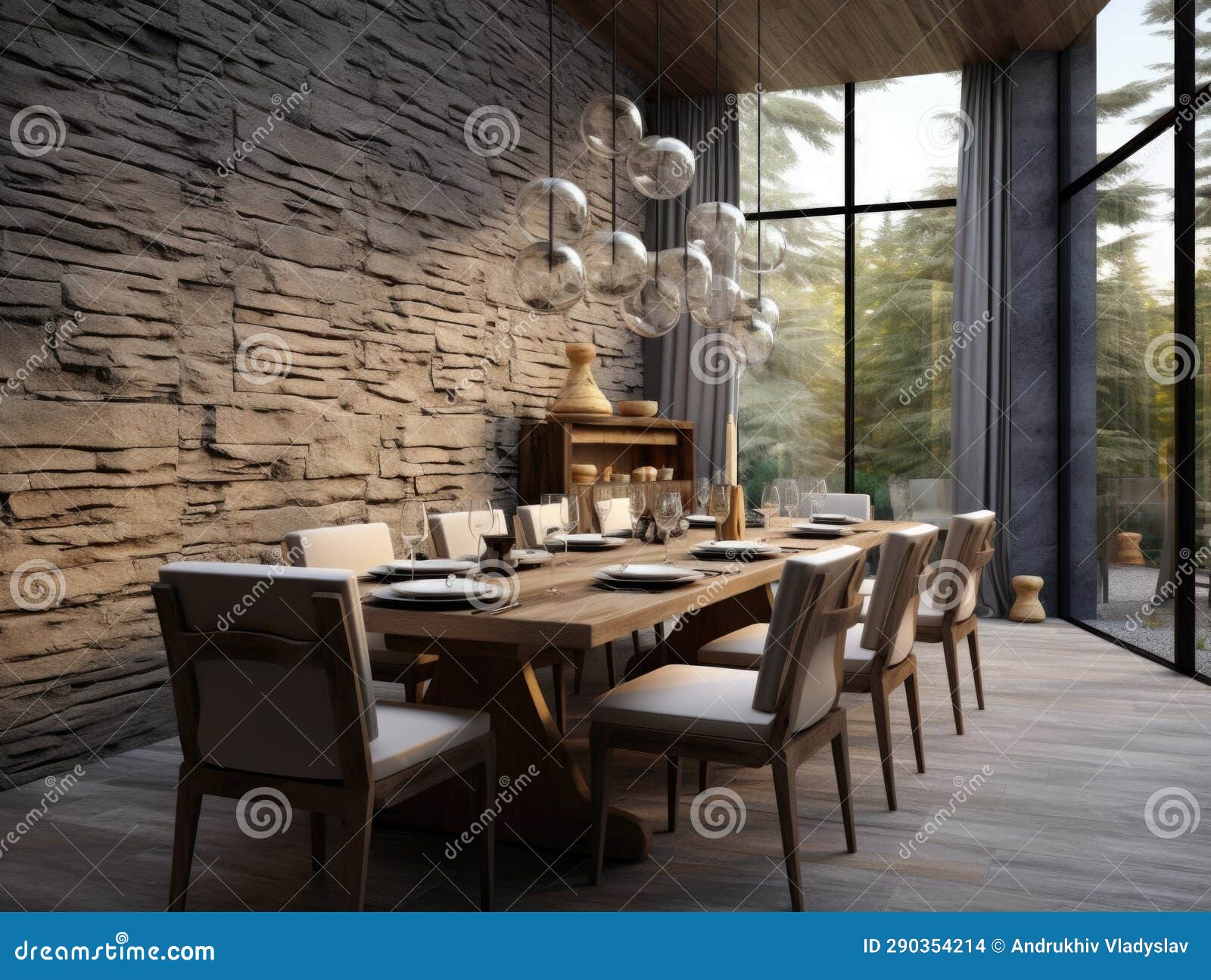 Rustic Interior Design of Modern Dining Room with Stone 3d Panel Wall ...